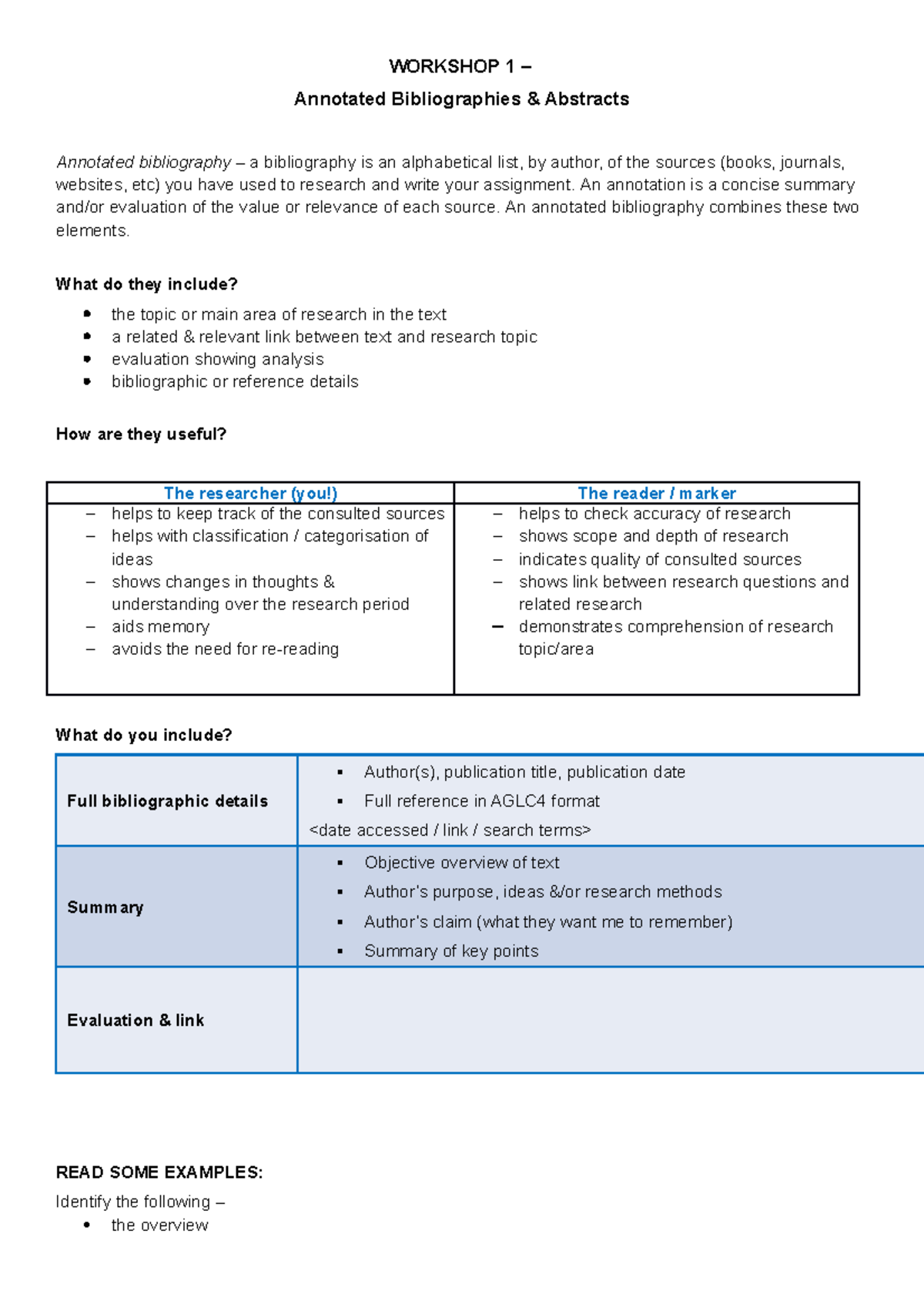 Workshop 1 - Annotated Bibliographies + Abstracts - WORKSHOP 1 ...