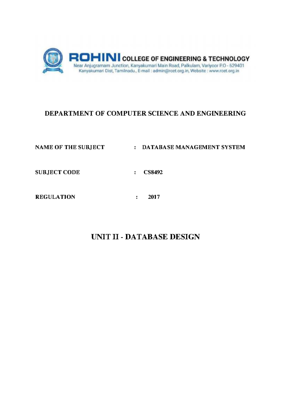 CS8492-UNIT II - DBMS MATERIAL - DEPARTMENT OF COMPUTER SCIENCE AND ENGINEERING NAME OF THE ...