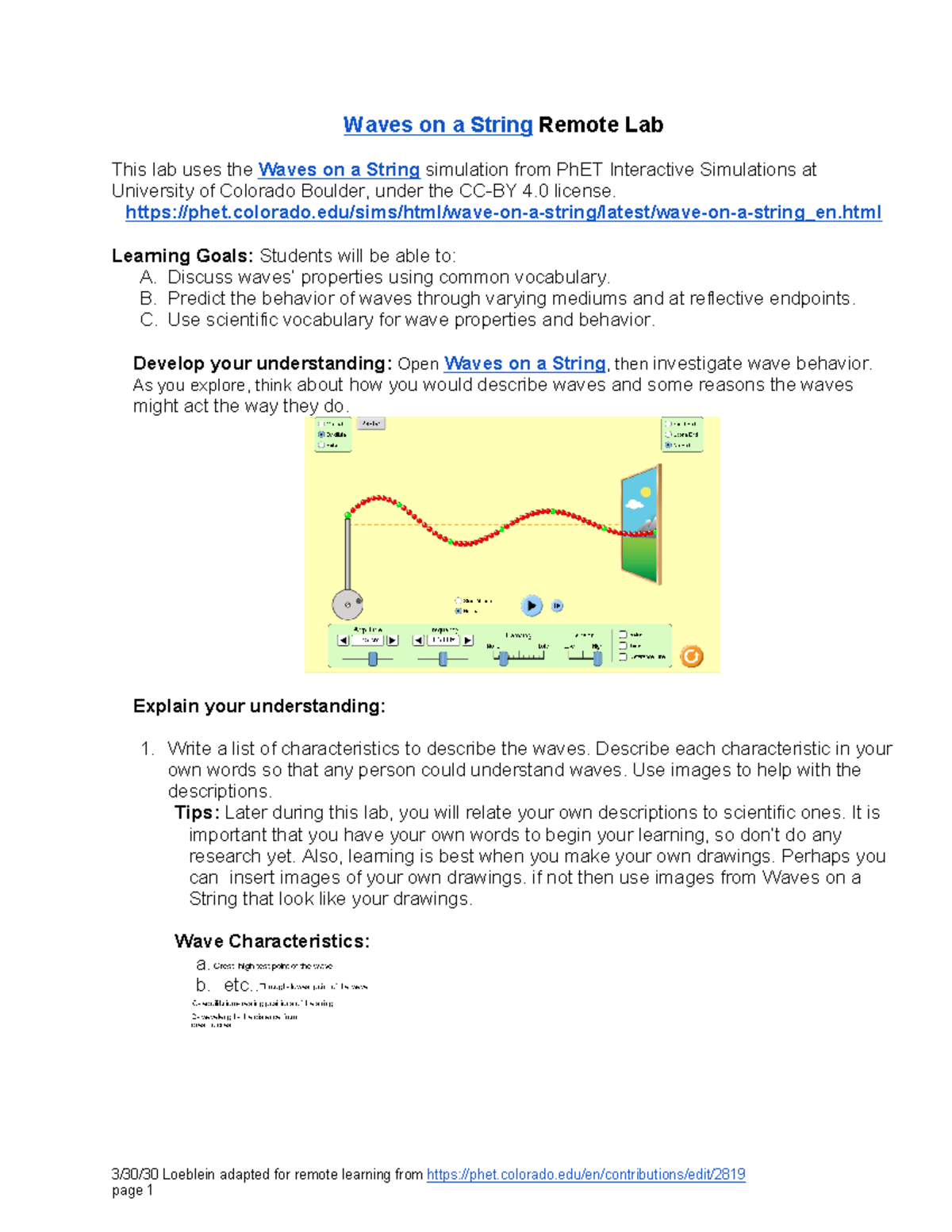 Edited - Waves on a String Remote Lab - 3/30/30 Loeblein adapted for remote learning from - Studocu