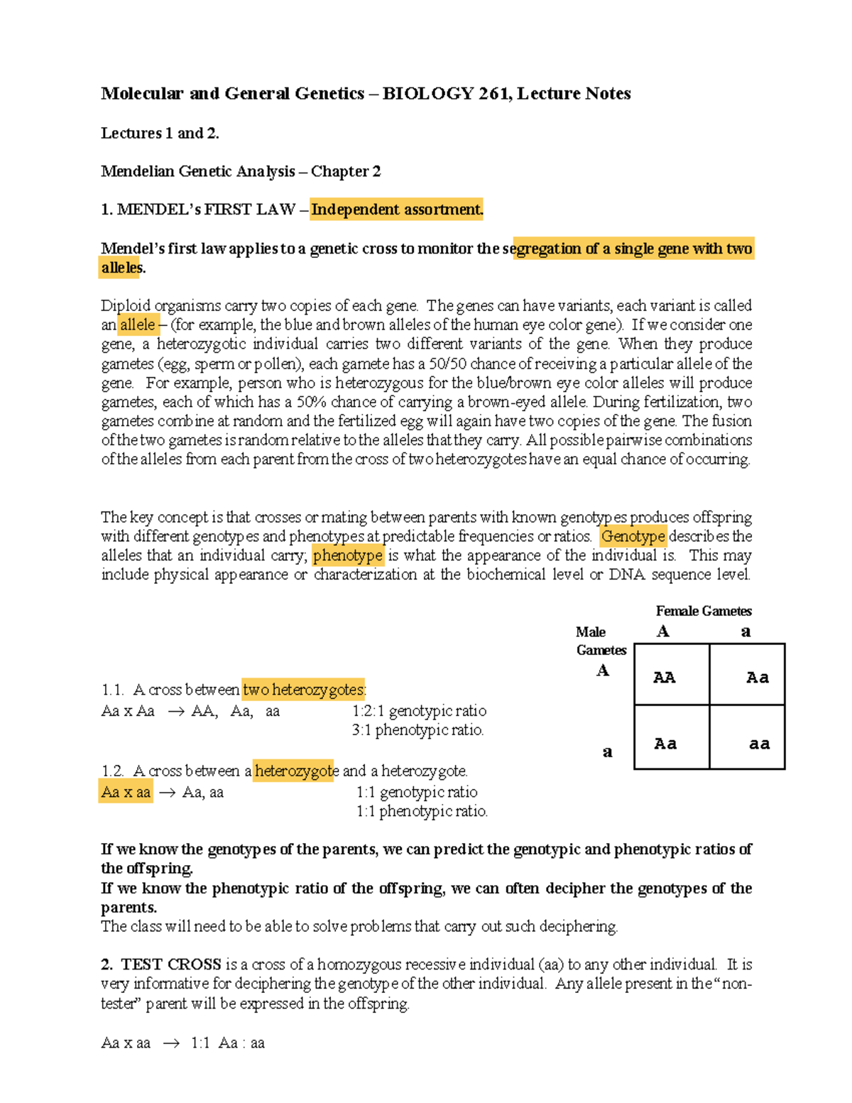 Lecture Notes - week 1 - Molecular and General Genetics – BIOLOGY 261 ...