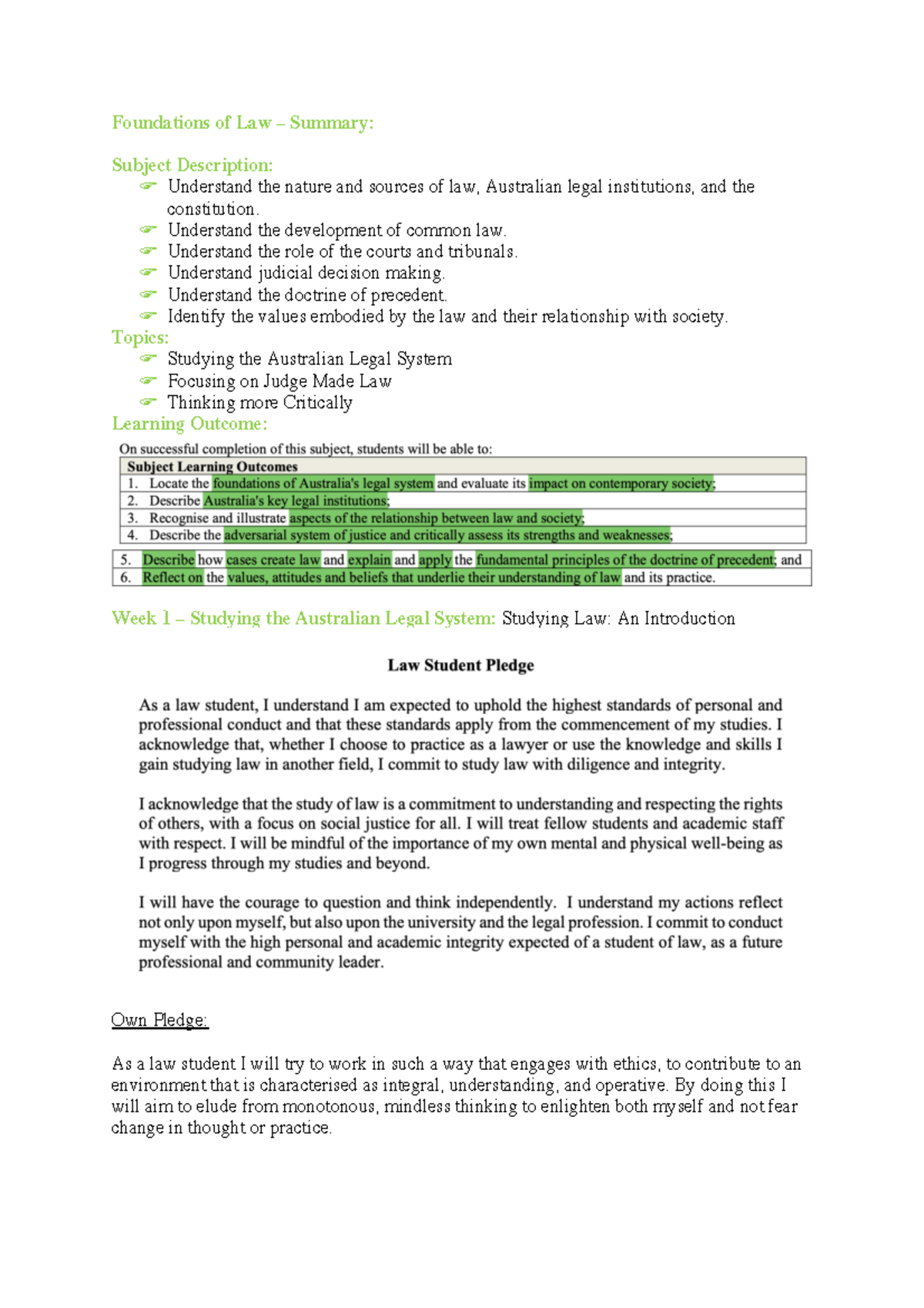 Foundations of Law – Summary - Foundations of Law – Summary: Subject ...