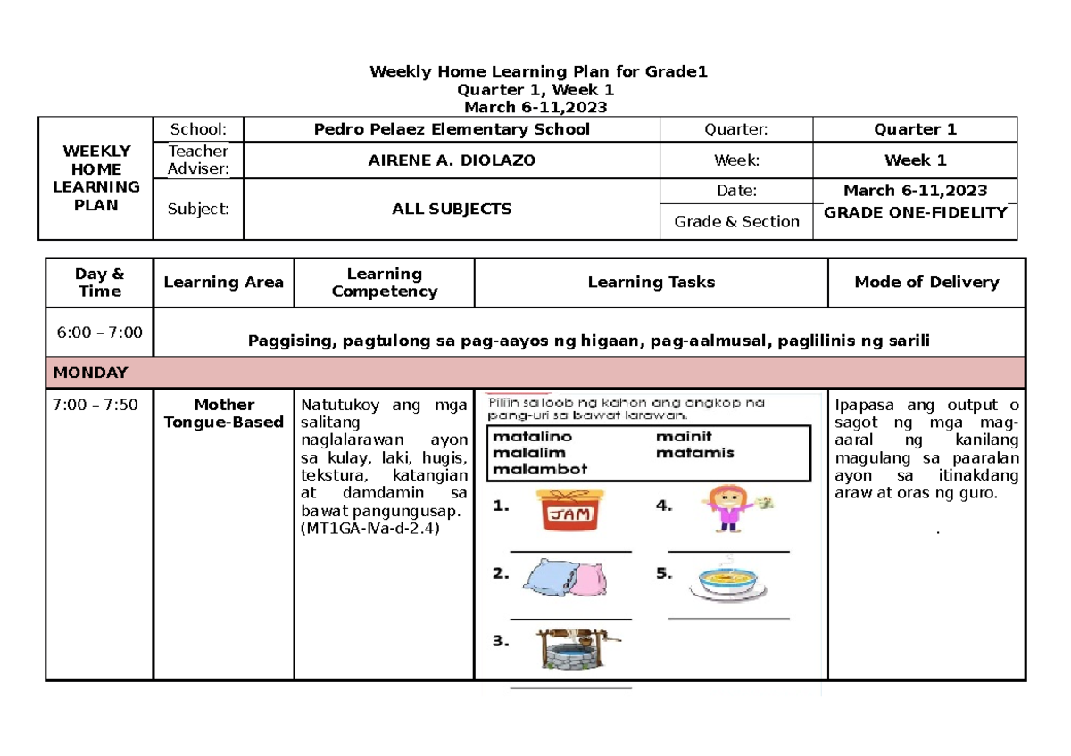 Weekly Home Learning Plan for Grade 1- Quiray (Autosaved) - Weekly Home ...