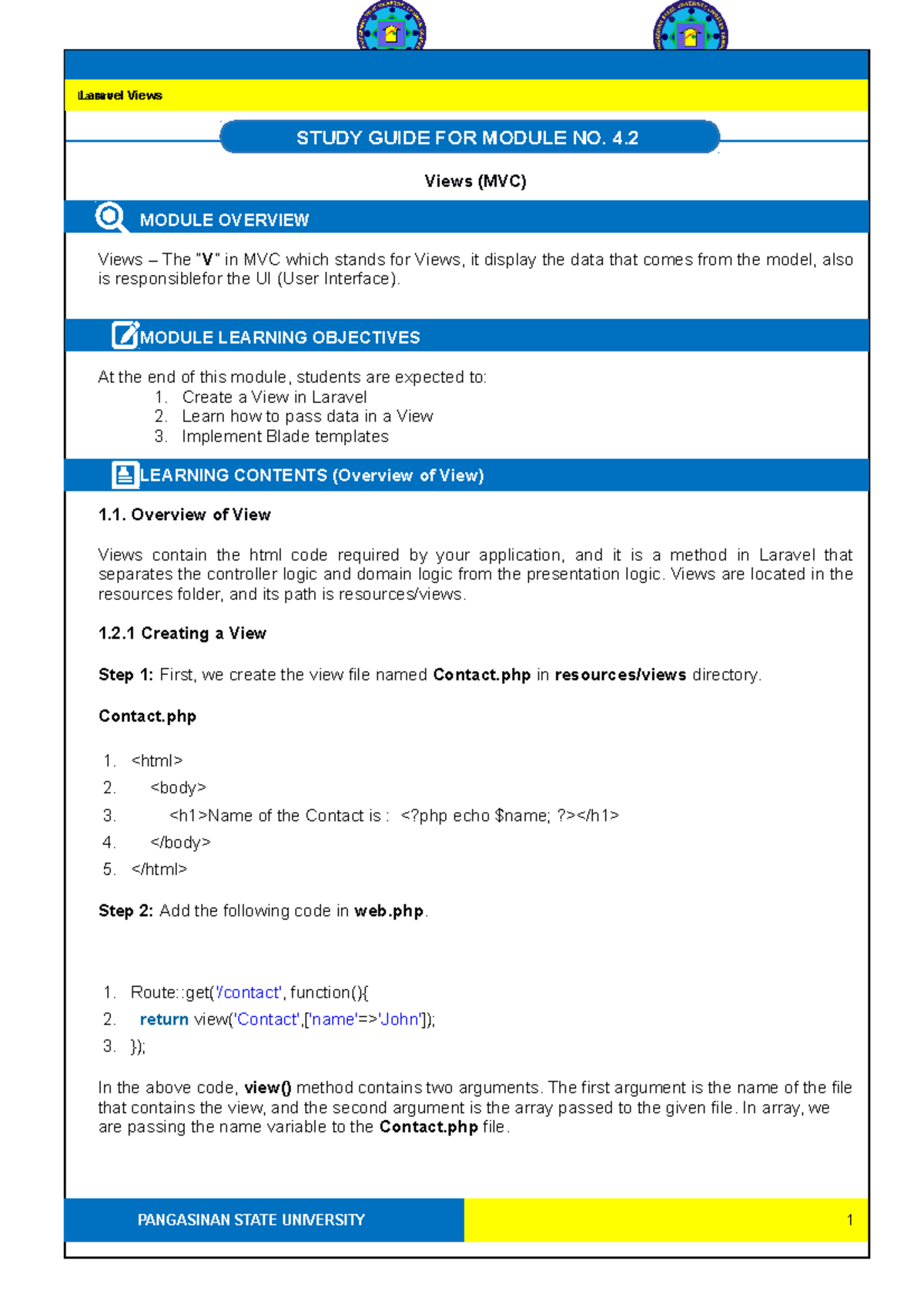 Elective 1 - SG 4 - Views (MVC) MODULE OVERVIEW Views – The “ V ” in MVC which stands for Views ...