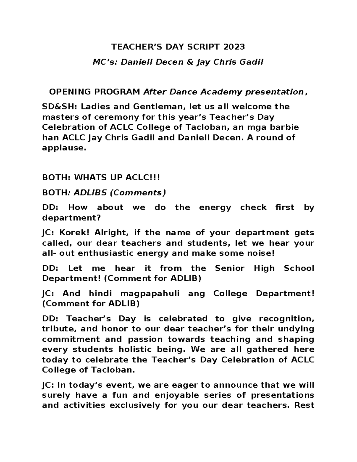 Script FOR Teachers DAY Sample - TEACHER’S DAY SCRIPT 2023 MC’s ...