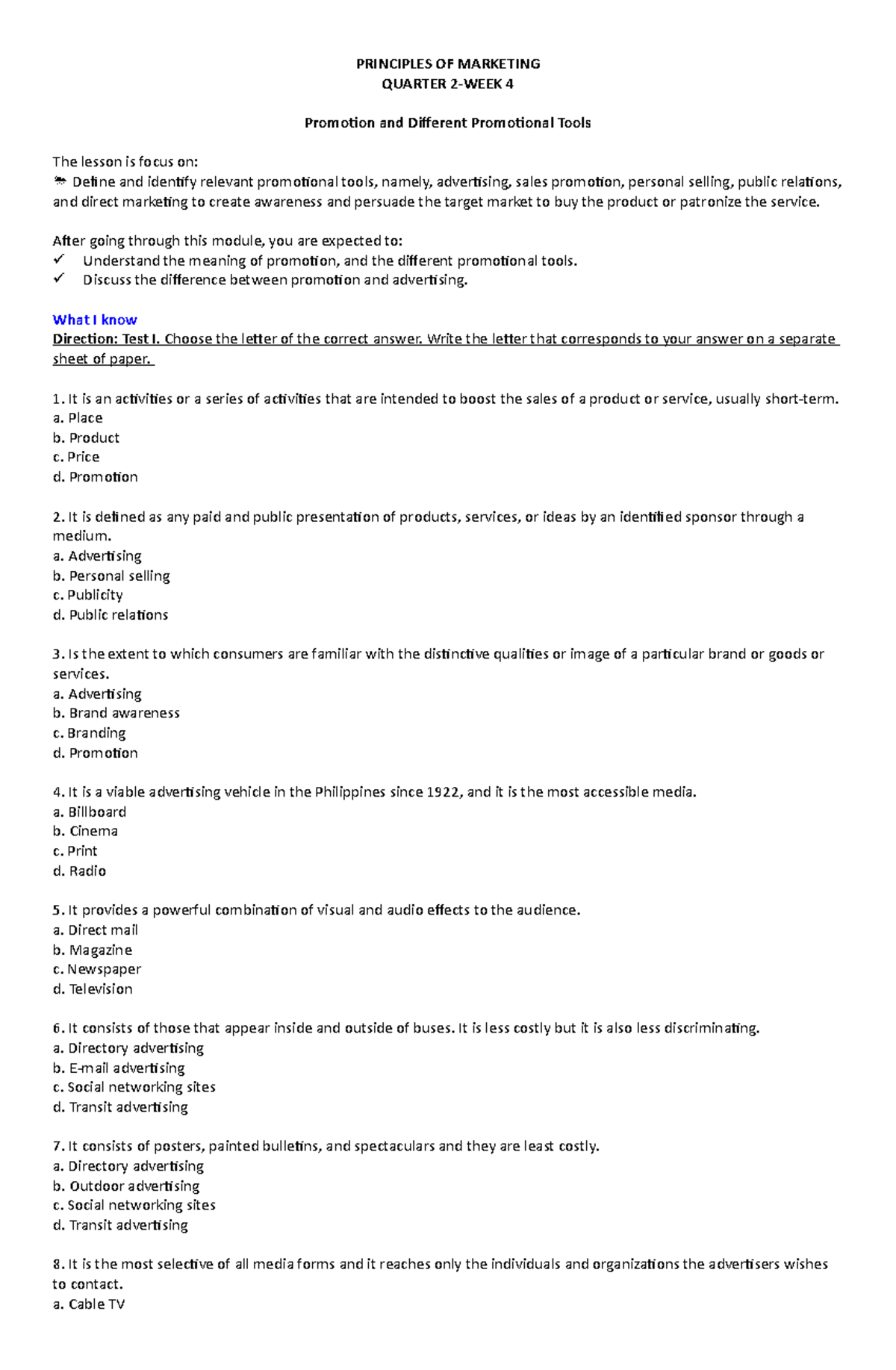 MKTG-Q2-week4 - promotional tools - PRINCIPLES OF MARKETING QUARTER 2 ...