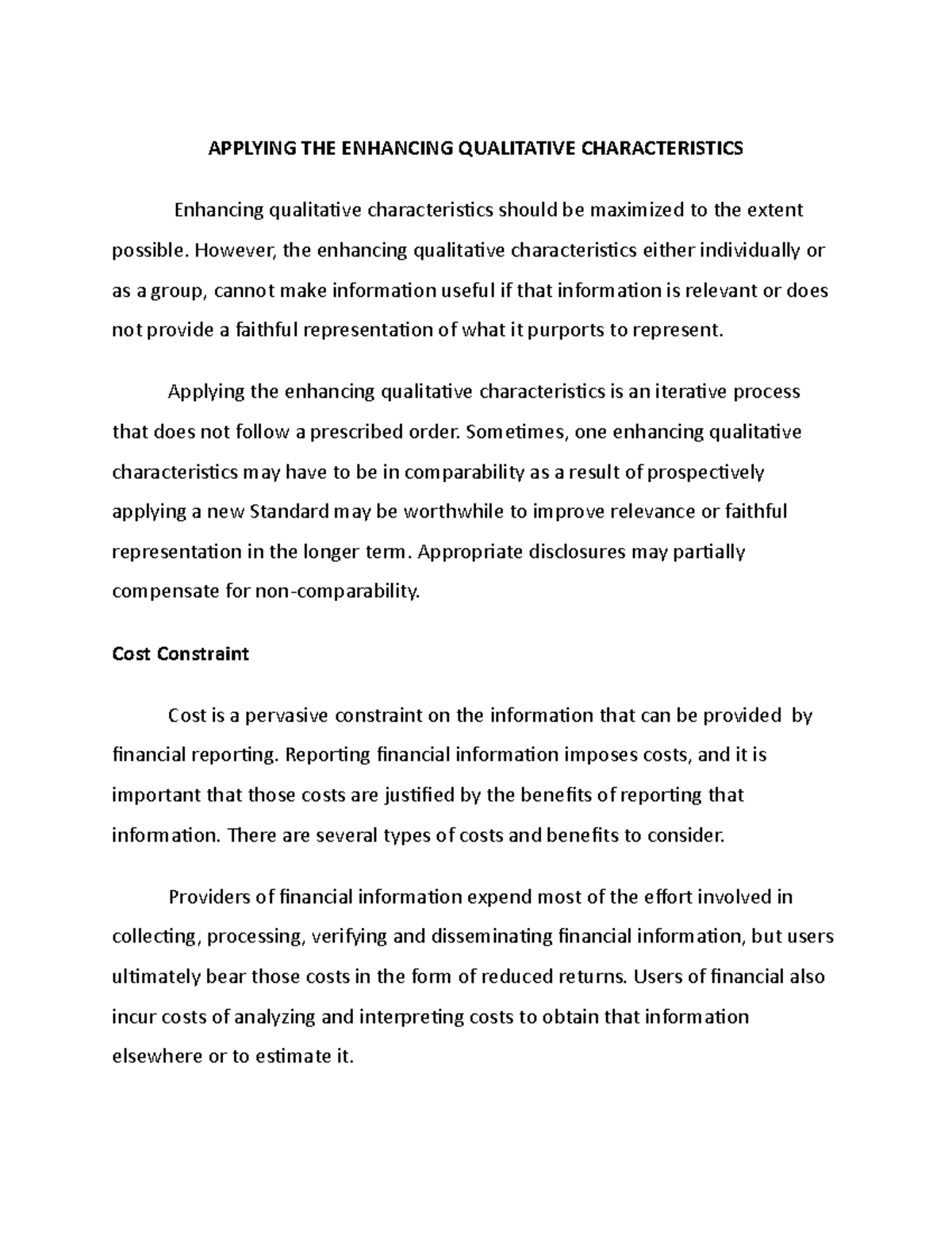 Applying THE Enhancing Qualitative Characteristics - APPLYING THE ...