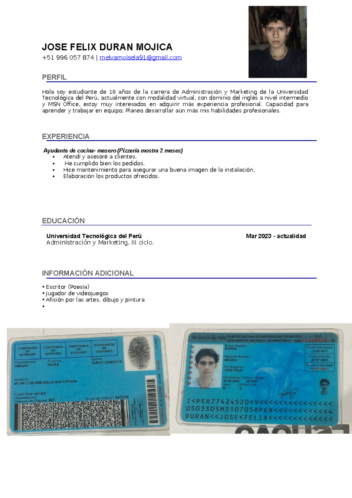 CV-Jose Felix Duran Mojica 1 - JOSE FELIX DURAN MOJICA +51 996 057 874 ...