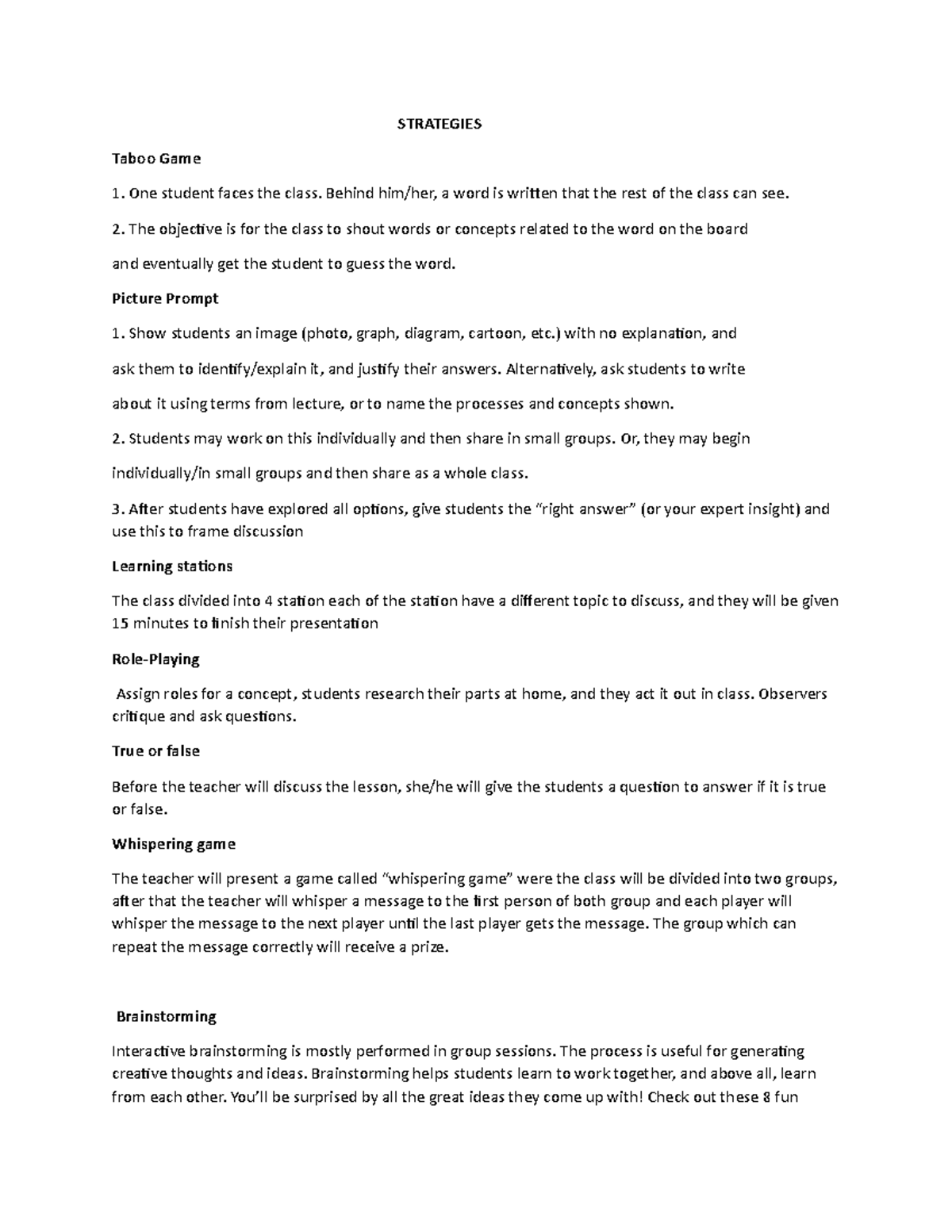 Strategies - STRATEGIES Taboo Game One student faces the class. Behind ...