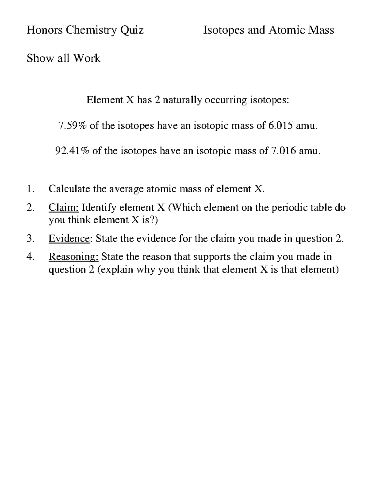 Atomic Mass CERD quiz - Honors Chemistry Quiz Isotopes and Atomic Mass ...