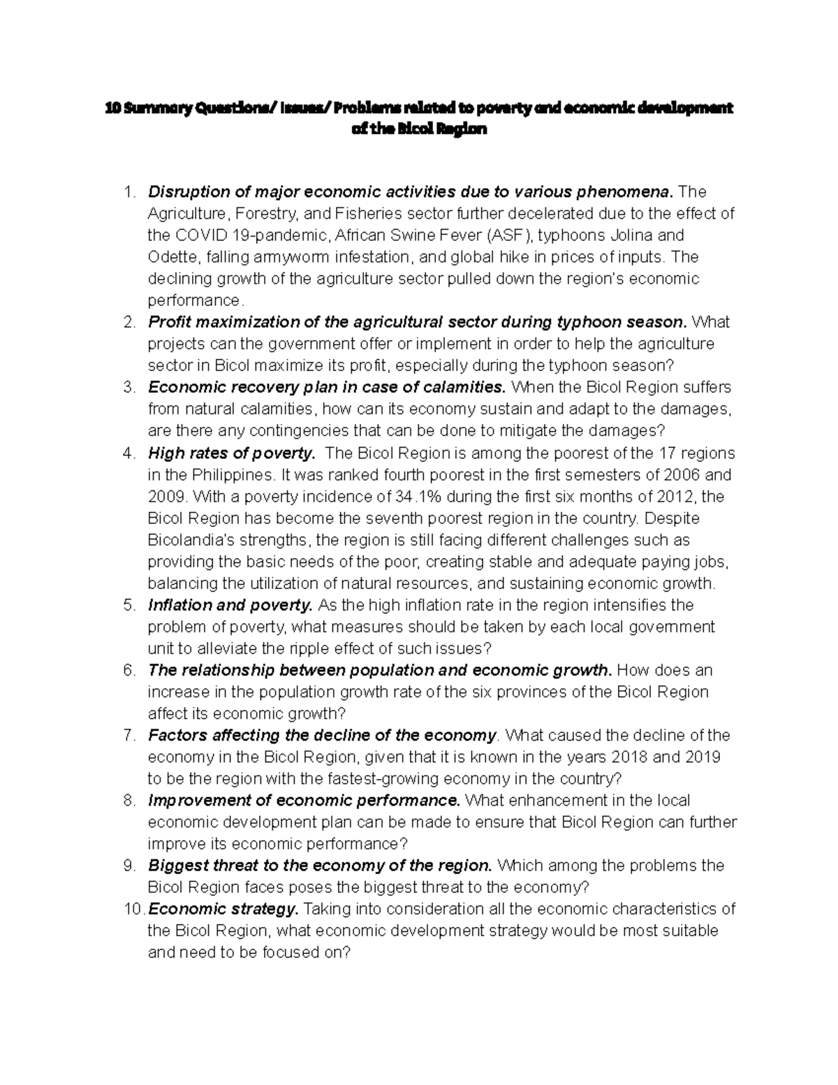 Summary-Questions -Issues -Problems-Bicol-Region - 10 Summary Questions ...