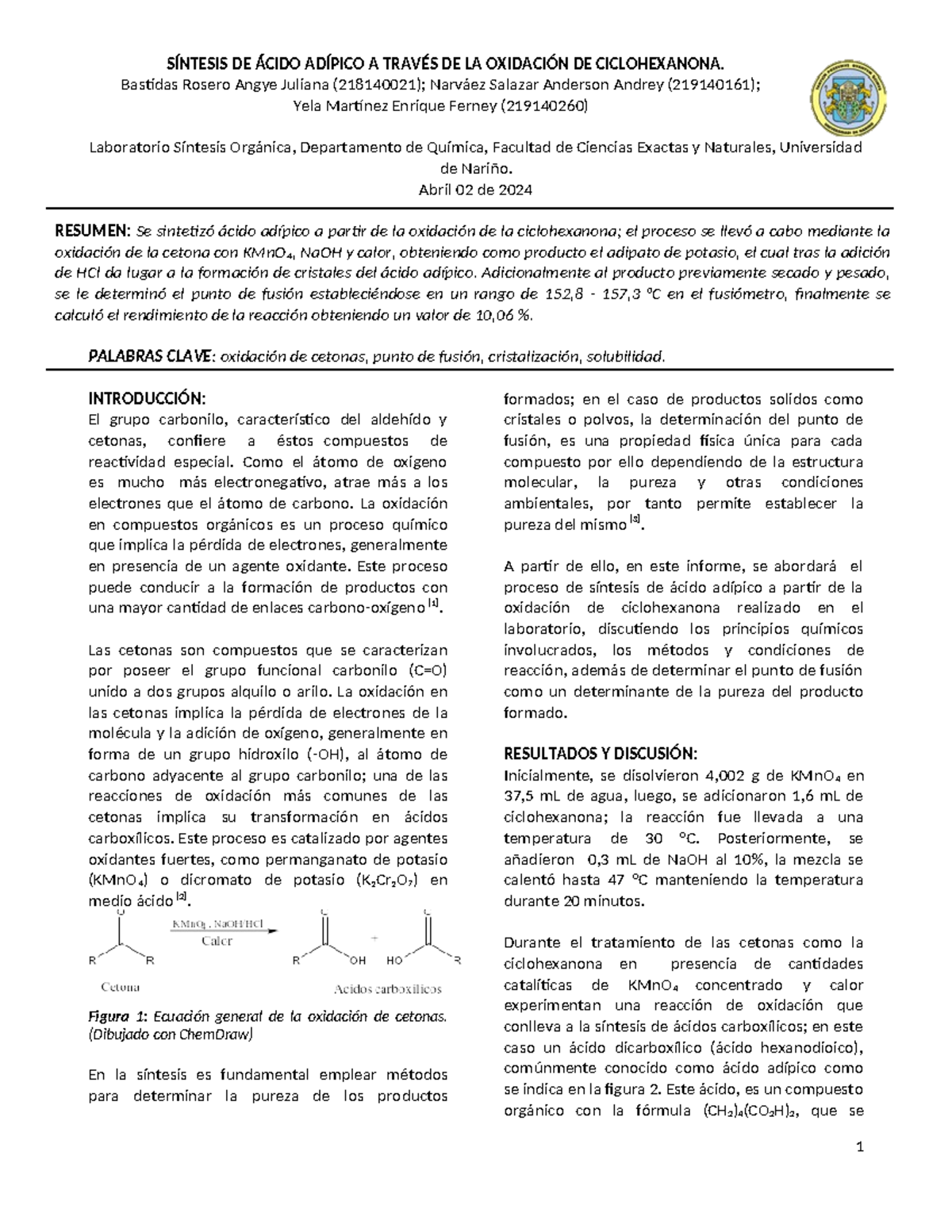 Informe 2 - Síntesis de ácido adipico - SÍNTESIS DE ÁCIDO ADÍPICO A ...