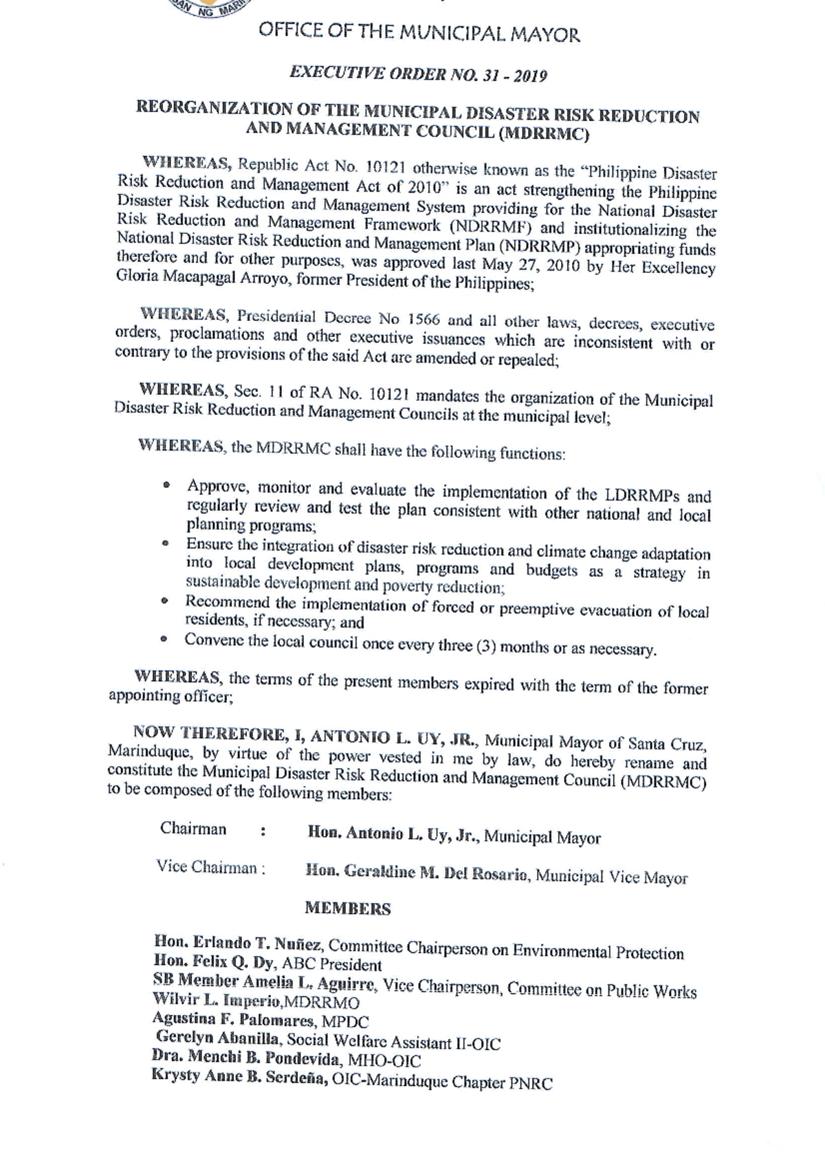 Resolution and Executive Oder establishing the Ldrrmc - Public ...