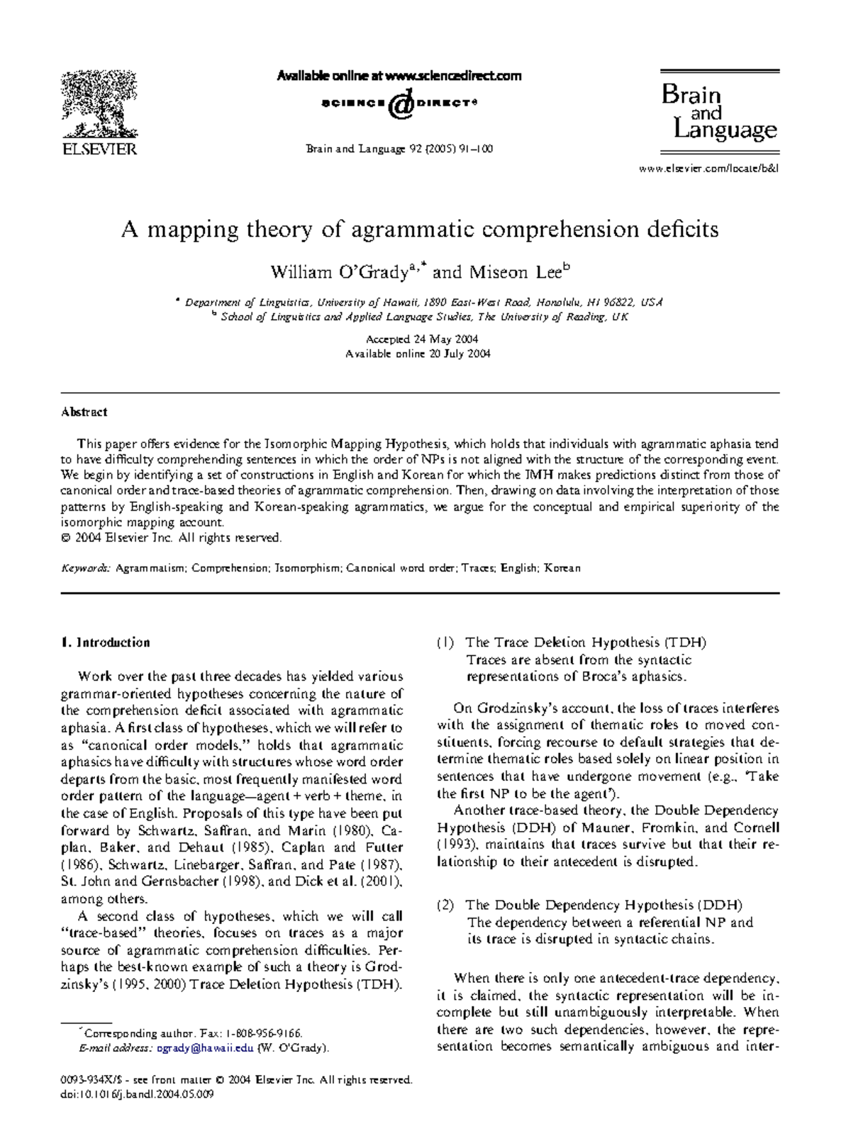O'Grady&Lee - Literature - A mapping theory of agrammatic comprehension ...