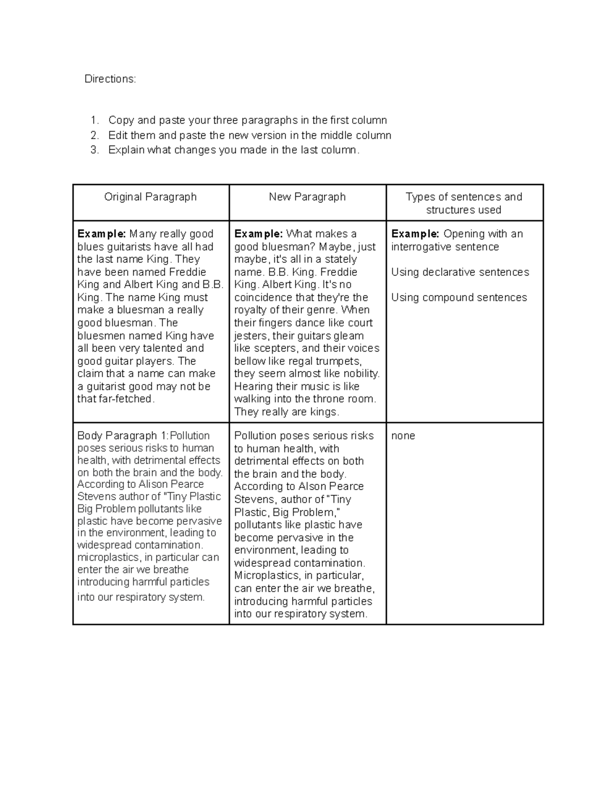 Copy of Sentence Variety - Directions: 1. Copy and paste your three ...