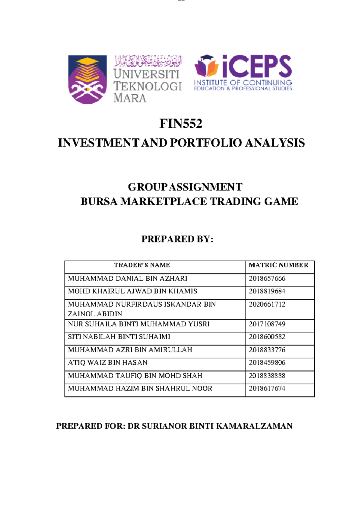 FIN 552 Trading GAME ( Group Assignment) - FIN INVESTMENT AND PORTFOLIO ...