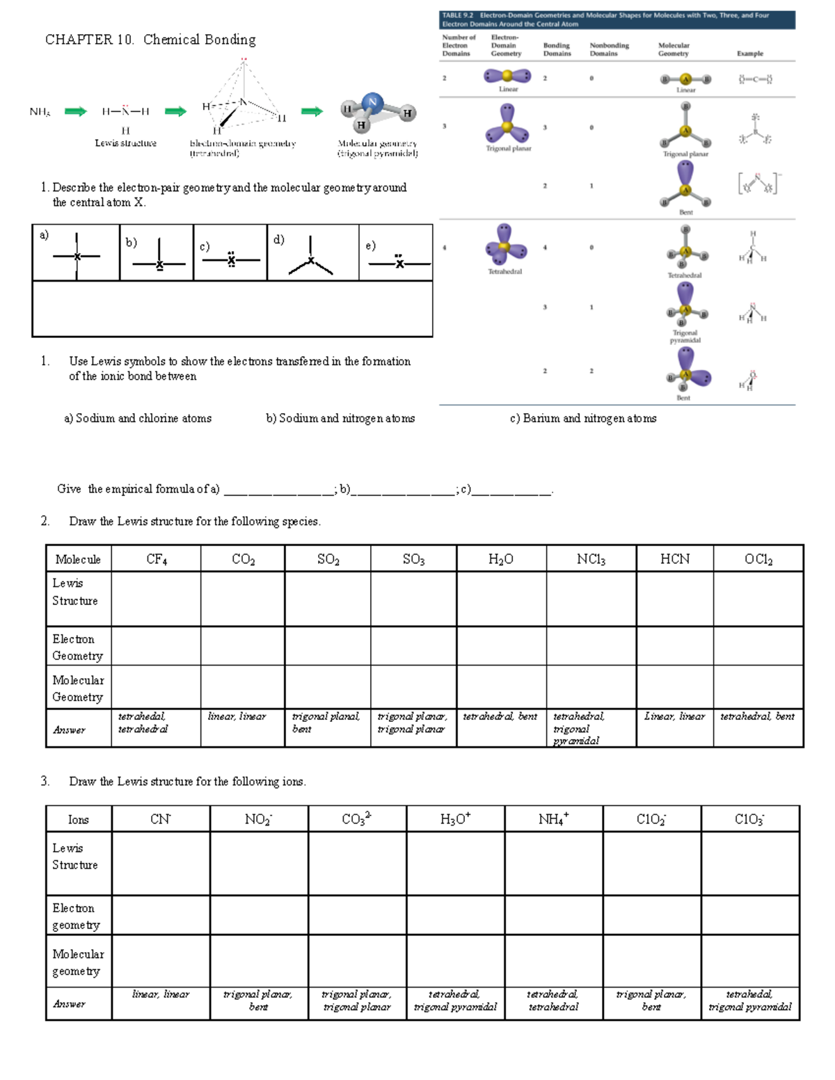 Review Problems Chapter 10 - CHAPTER 10. Chemical Bonding 1. Describe ...