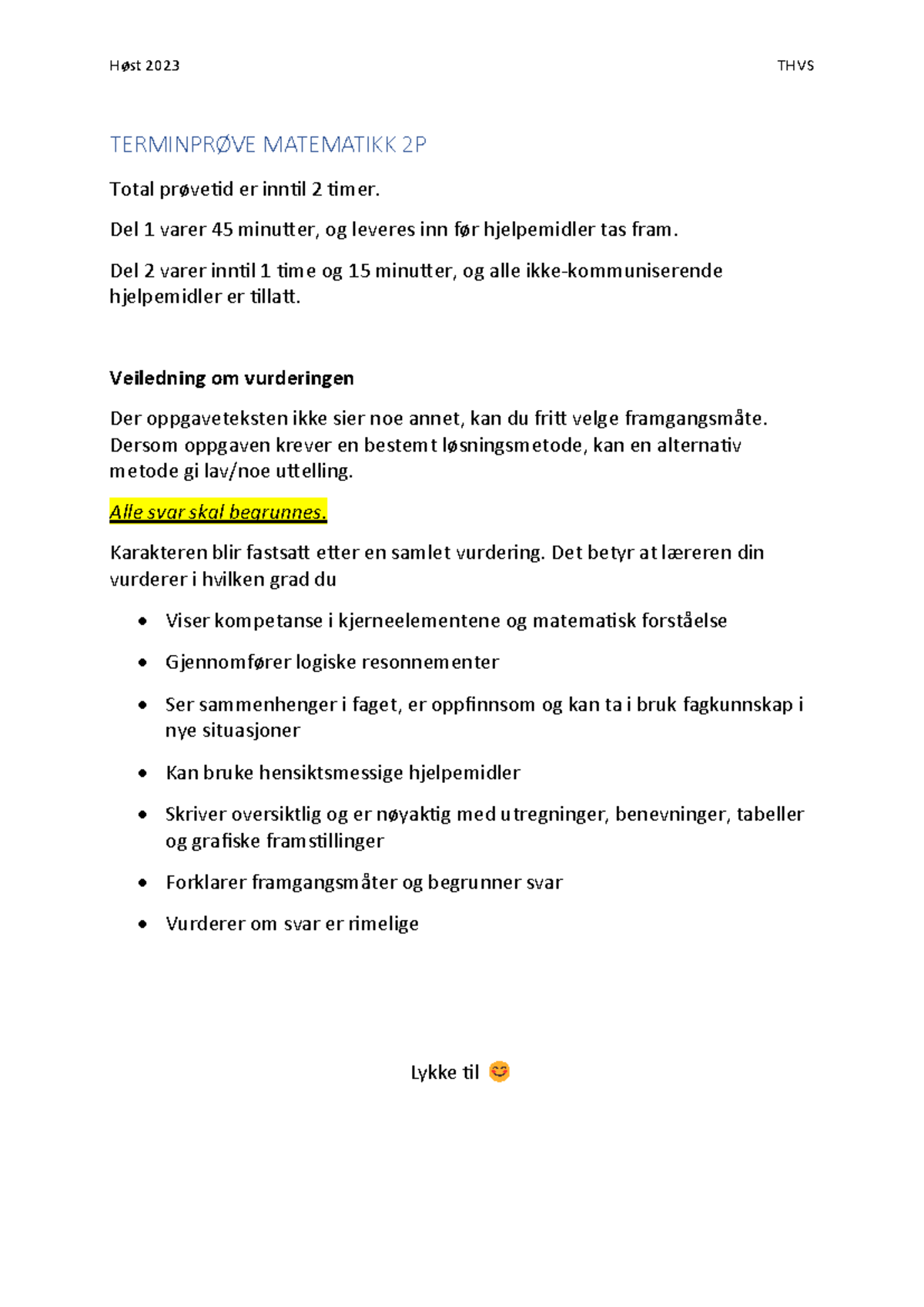 Terminprøve Matematikk 2P H23 - TERMINPRØVE MATEMATIKK 2P Total ...