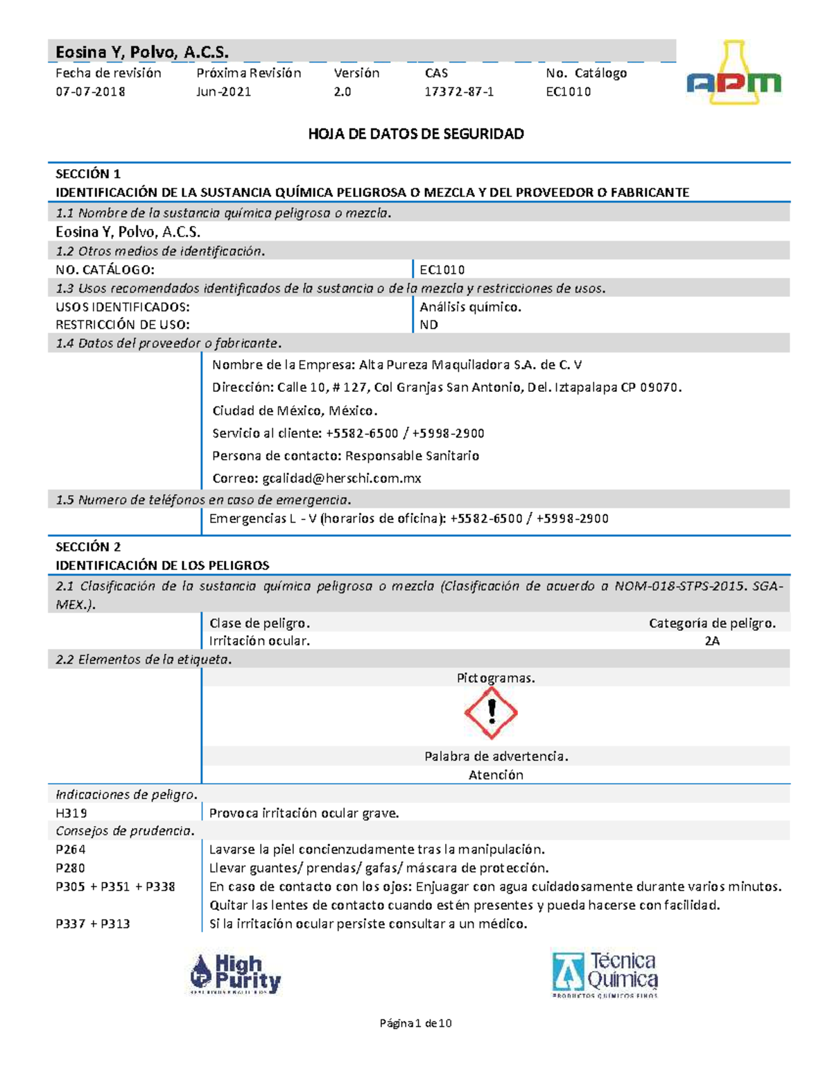 Hoja de Seguridad Eosina Y - Fecha de revisión 07 - 07 - 2018 Próxima ...