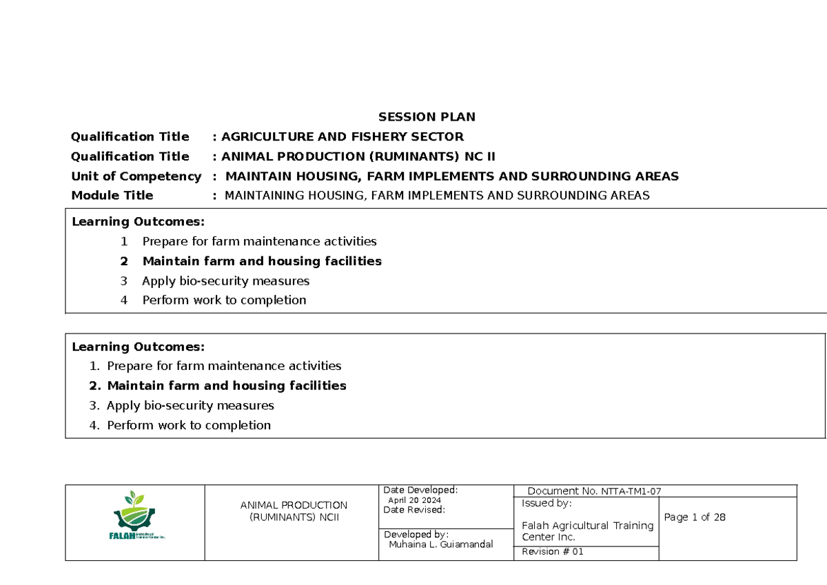 Session Plan1 - rearch - SESSION PLAN Qualification Title : AGRICULTURE ...
