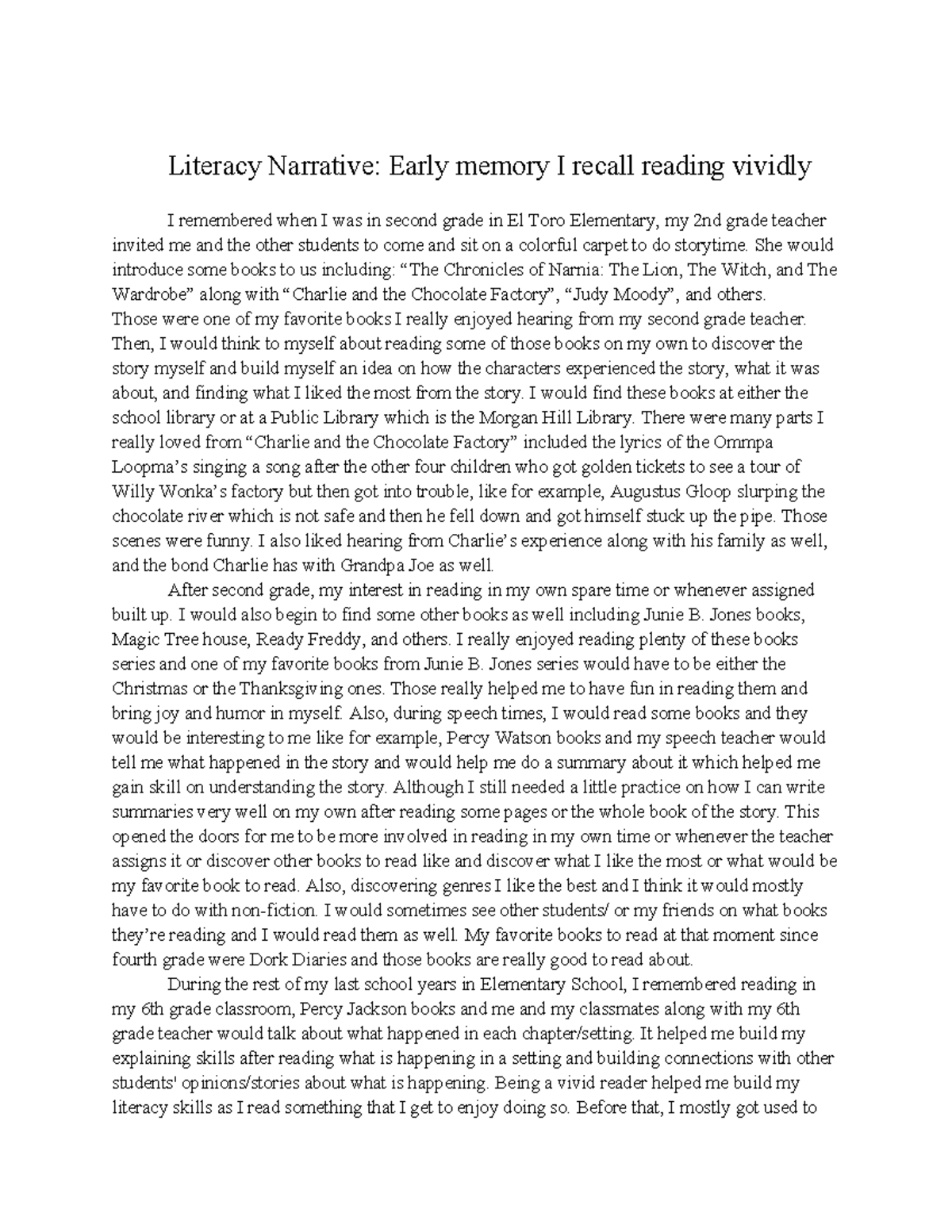 In Class Writing Assignment 1 -Litteracy Narrative - Literacy Narrative ...