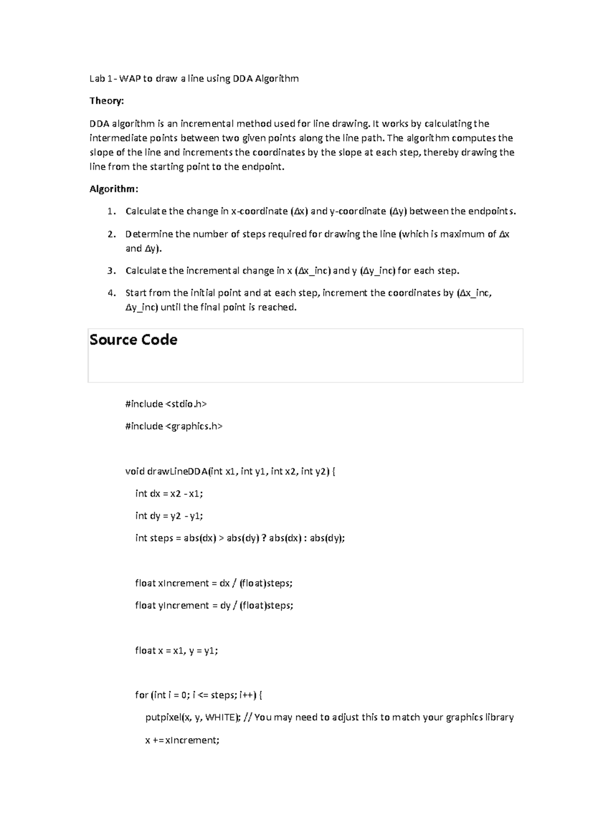 Cg Lab 1 And 2 Sakigoni Lab 1 Wap To Draw A Line Using Dda Algorithm Theory Dda Algorithm 