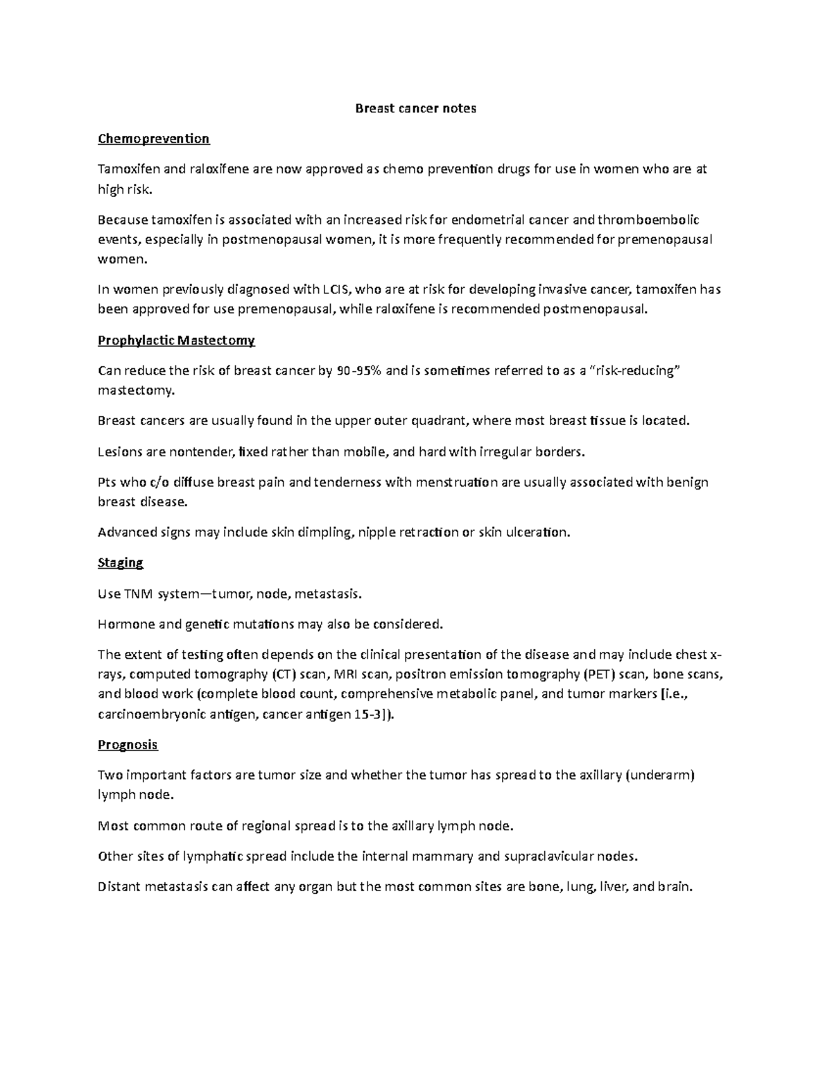 Breast cancer notes - Breast cancer notes Chemoprevention Tamoxifen and ...