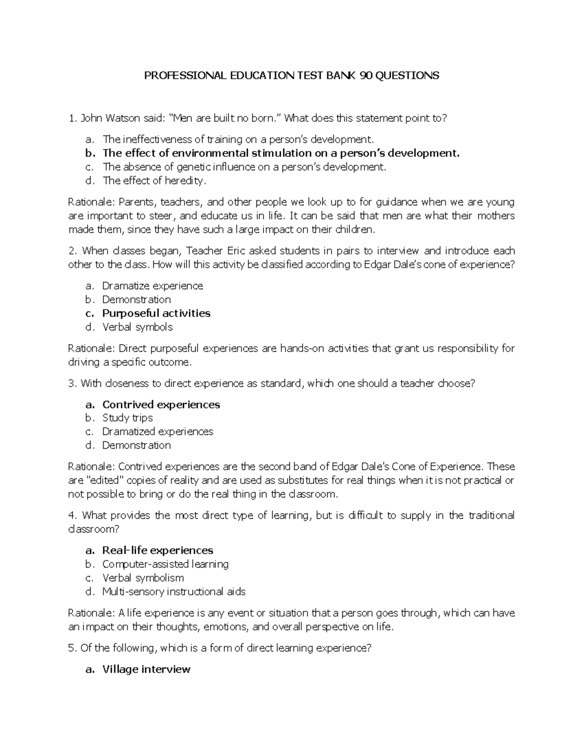 TEST BANK PART 1 - MOCKBOARD TEST QUESTIONAIRE - PROFESSIONAL EDUCATION ...