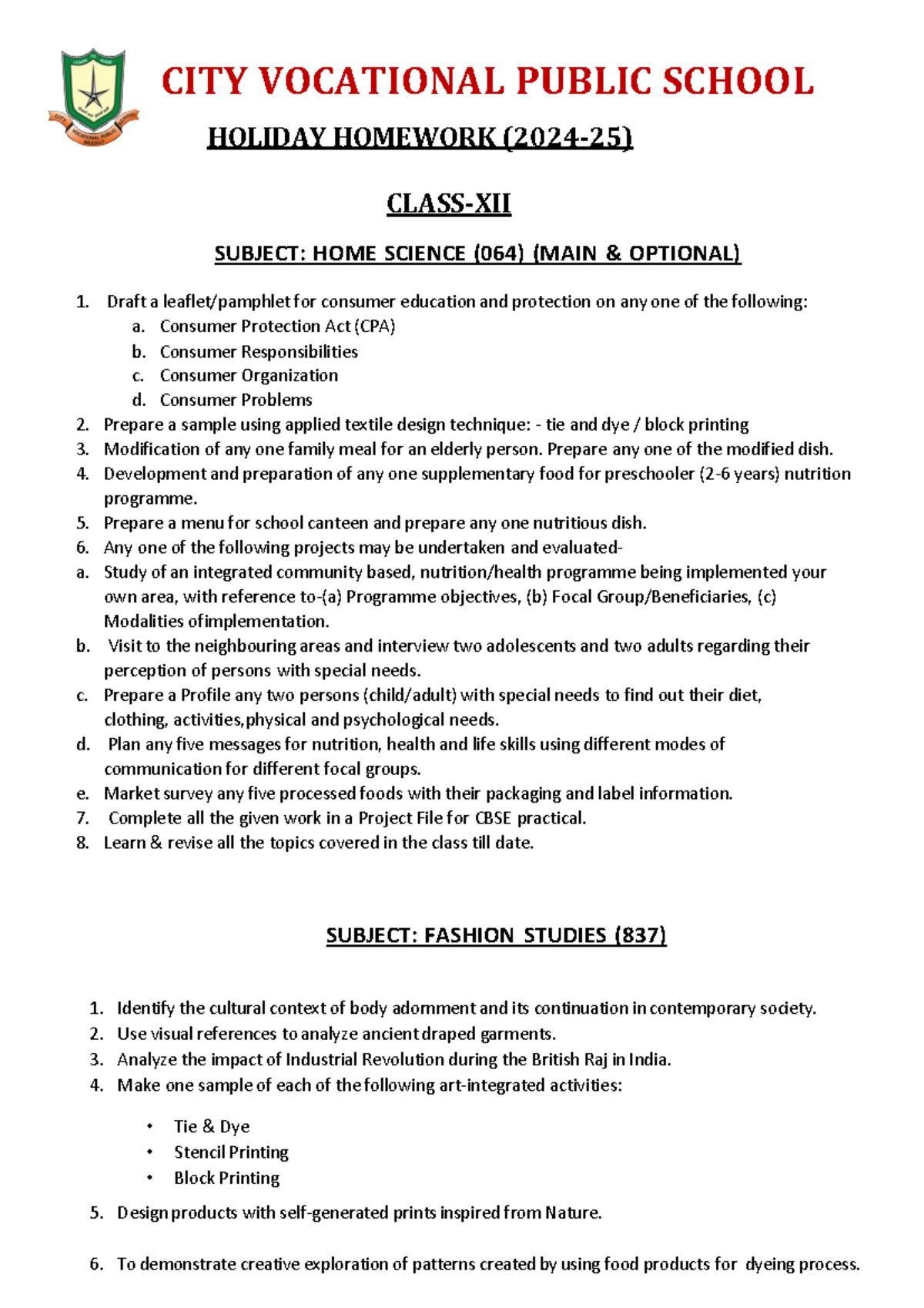 XII-Optional Holiday Homework(2024-25) - CITY VOCATIONAL PUBLIC SCHOOL ...
