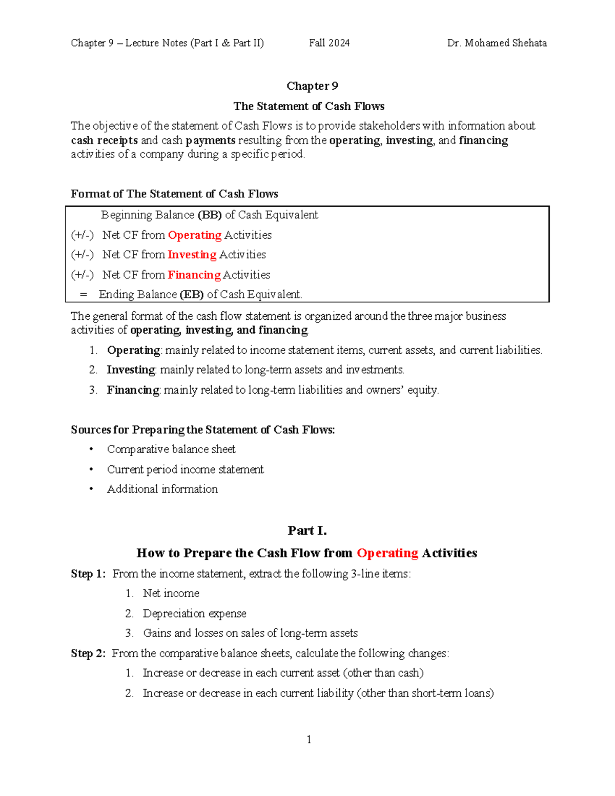 Chapter 9 Lecture Notes The Statement of Cash Flows - (Parts I & II ...