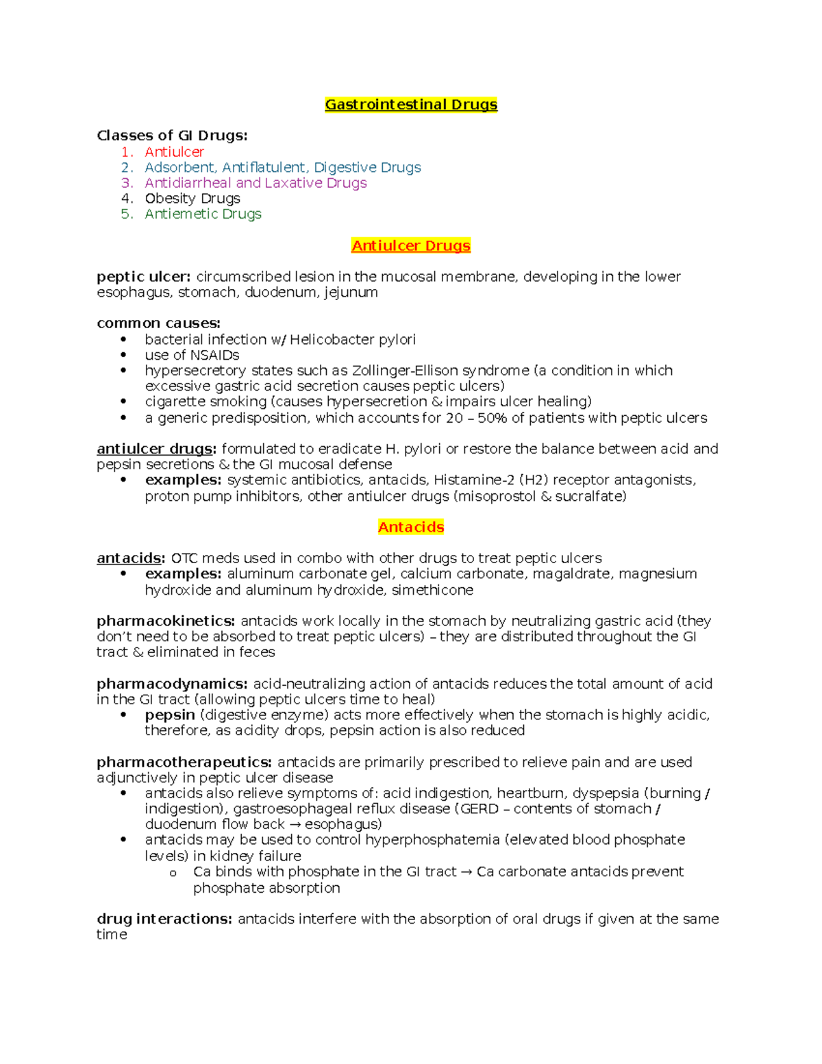 GI drug notes - Gastrointestinal Drugs Classes of GI Drugs: Antiulcer ...
