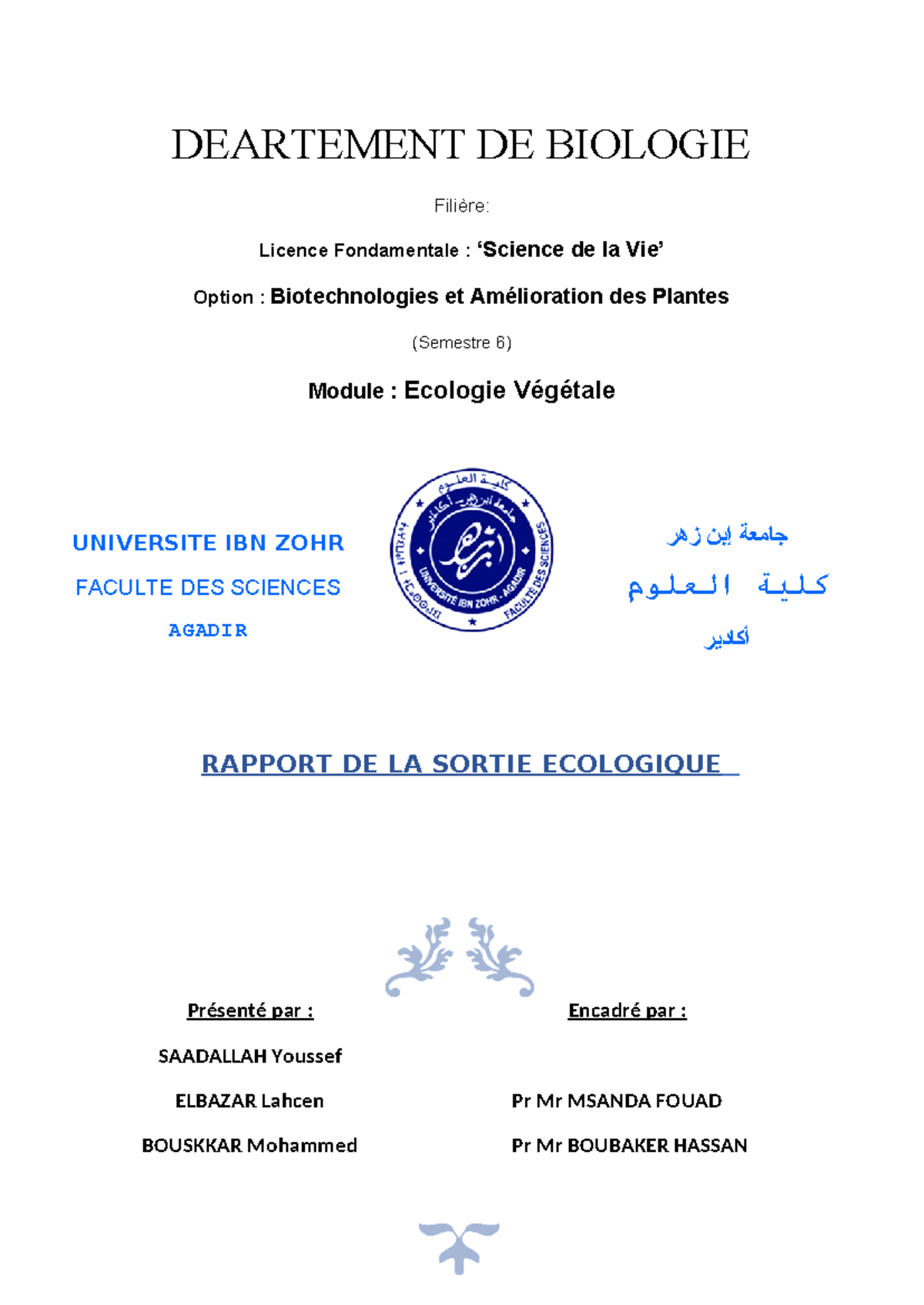 Rapport de la sortie écologique - DEARTEMENT DE BIOLOGIE Filière ...