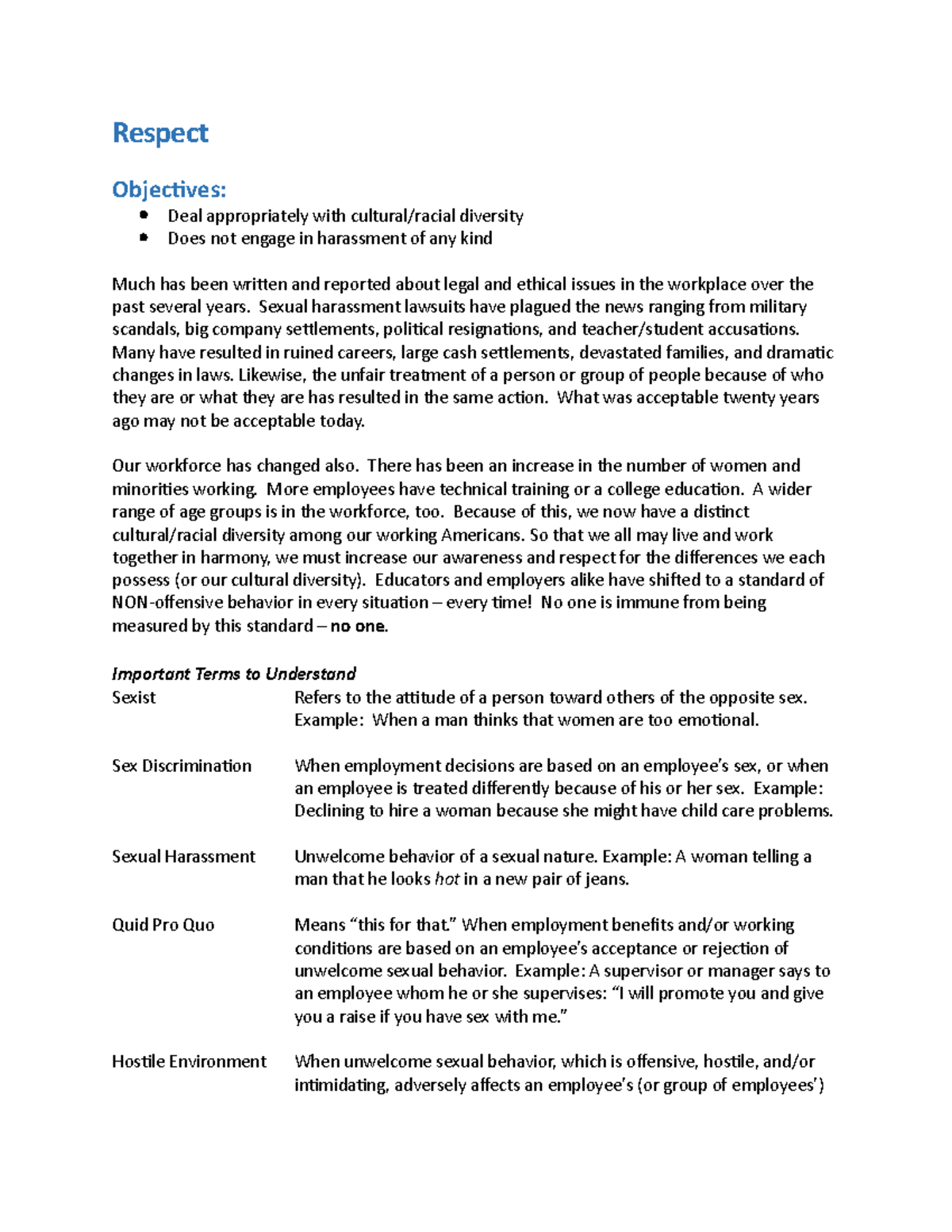 Respect Activities and Case studies - Respect Objectives: Deal ...