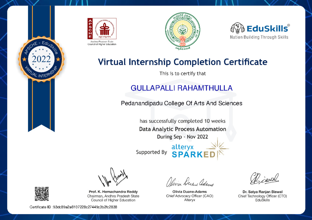 Virtual intership Completion certificate - K. Hemachandra Reddy Olivia Dr. Satya Ranjan Biswal ...