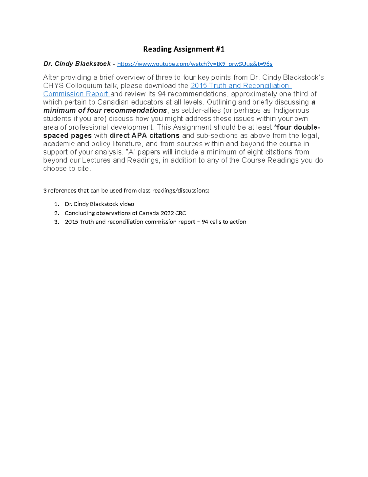 Reading-assignment-1 - Reading Assignment Dr. Cindy Blackstock - - Studocu