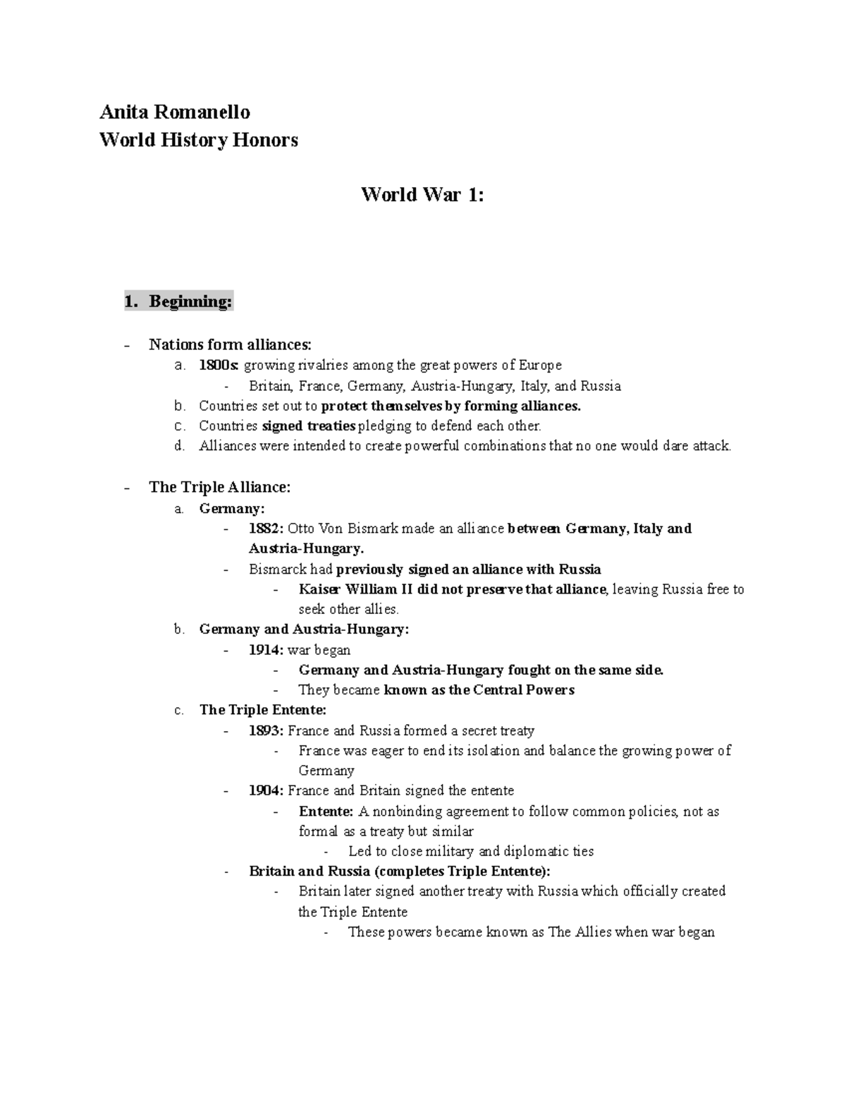 WW1 (WHH) - wwI - Anita Romanello World History Honors World War 1: 1 ...