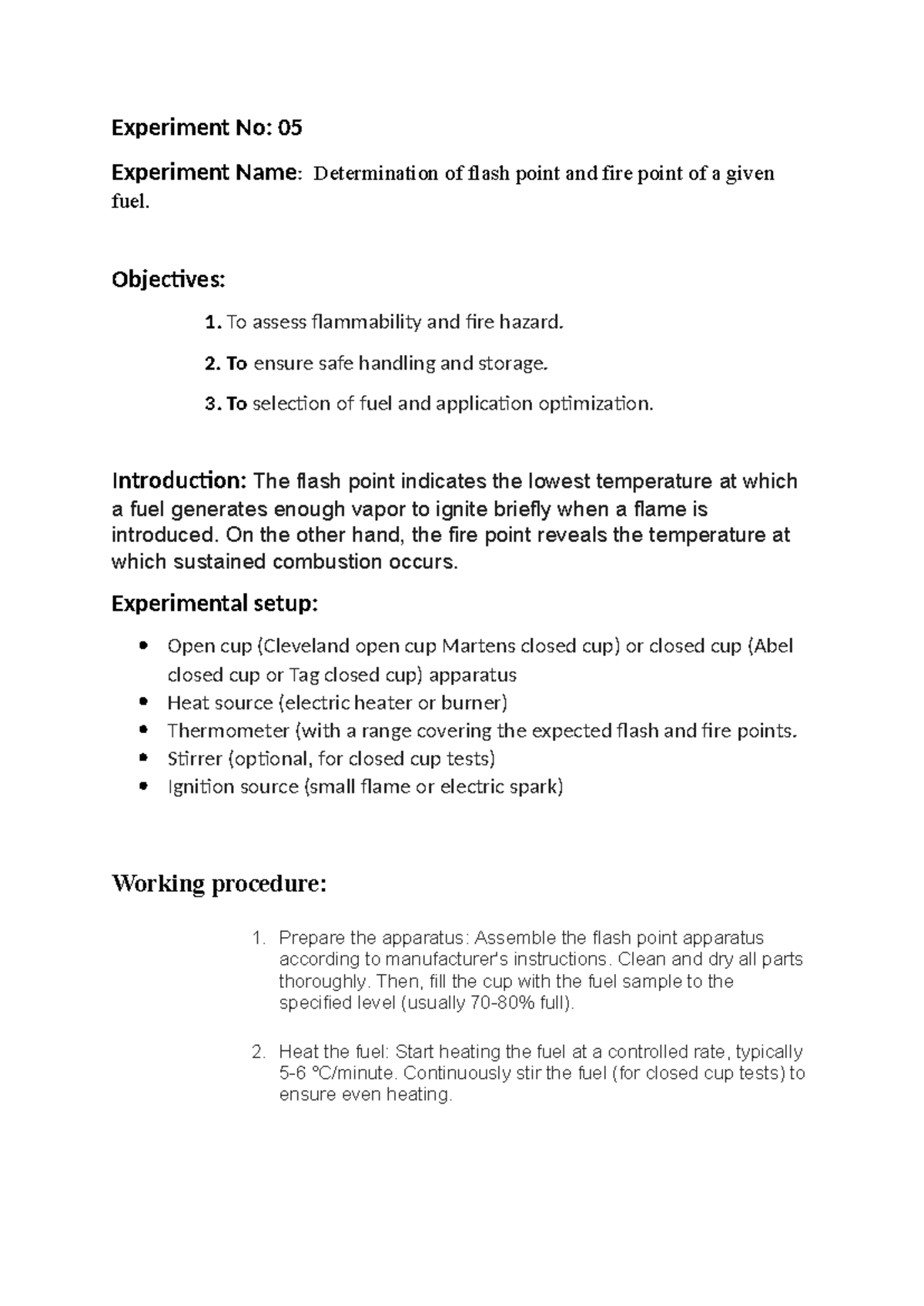 Flash point & fire point lab manual group 152-159 - Experiment No: 05 Experiment Name ...
