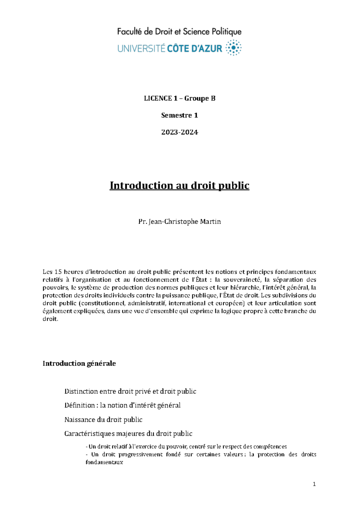 Plan Intro droit public - LICENCE 1 – Groupe B Semestre 1 2023 - 2024 Introduction au droit ...