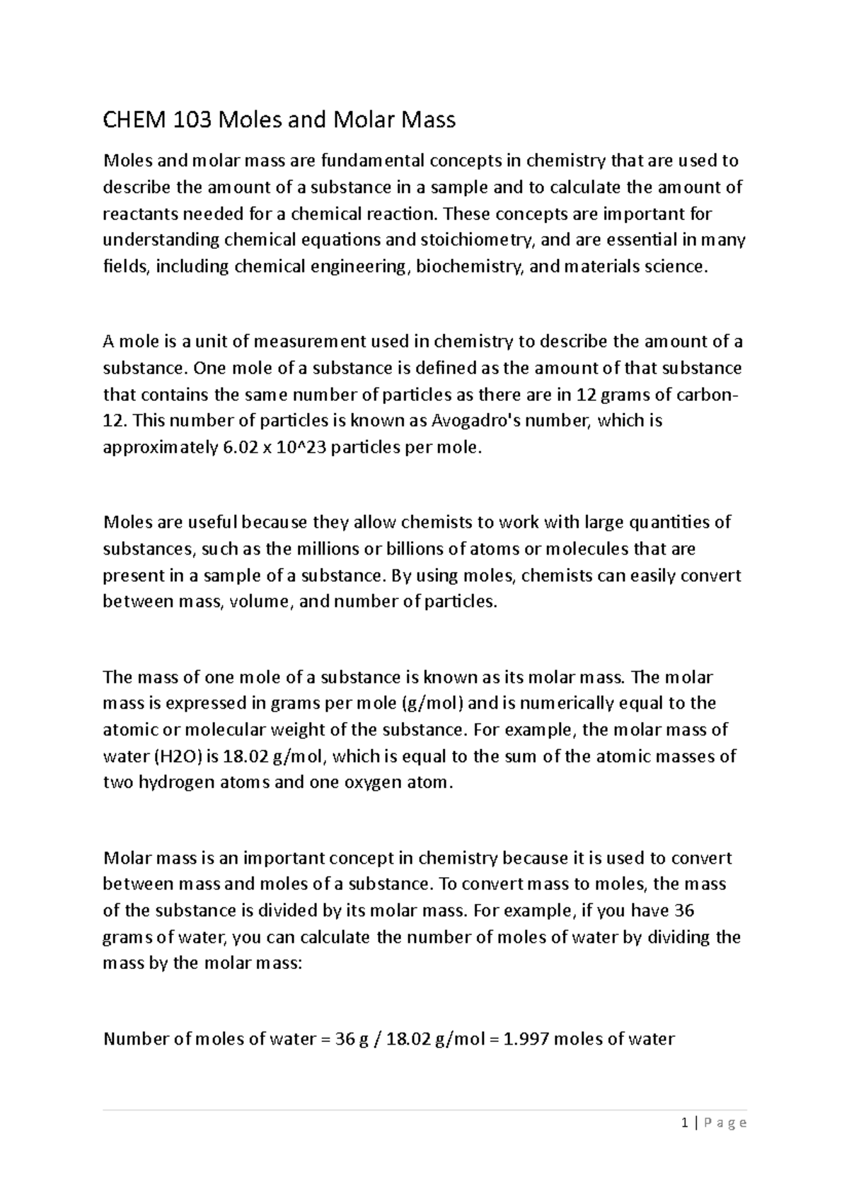 CHEM 103 Moles and Molar Mass - These concepts are important for ...