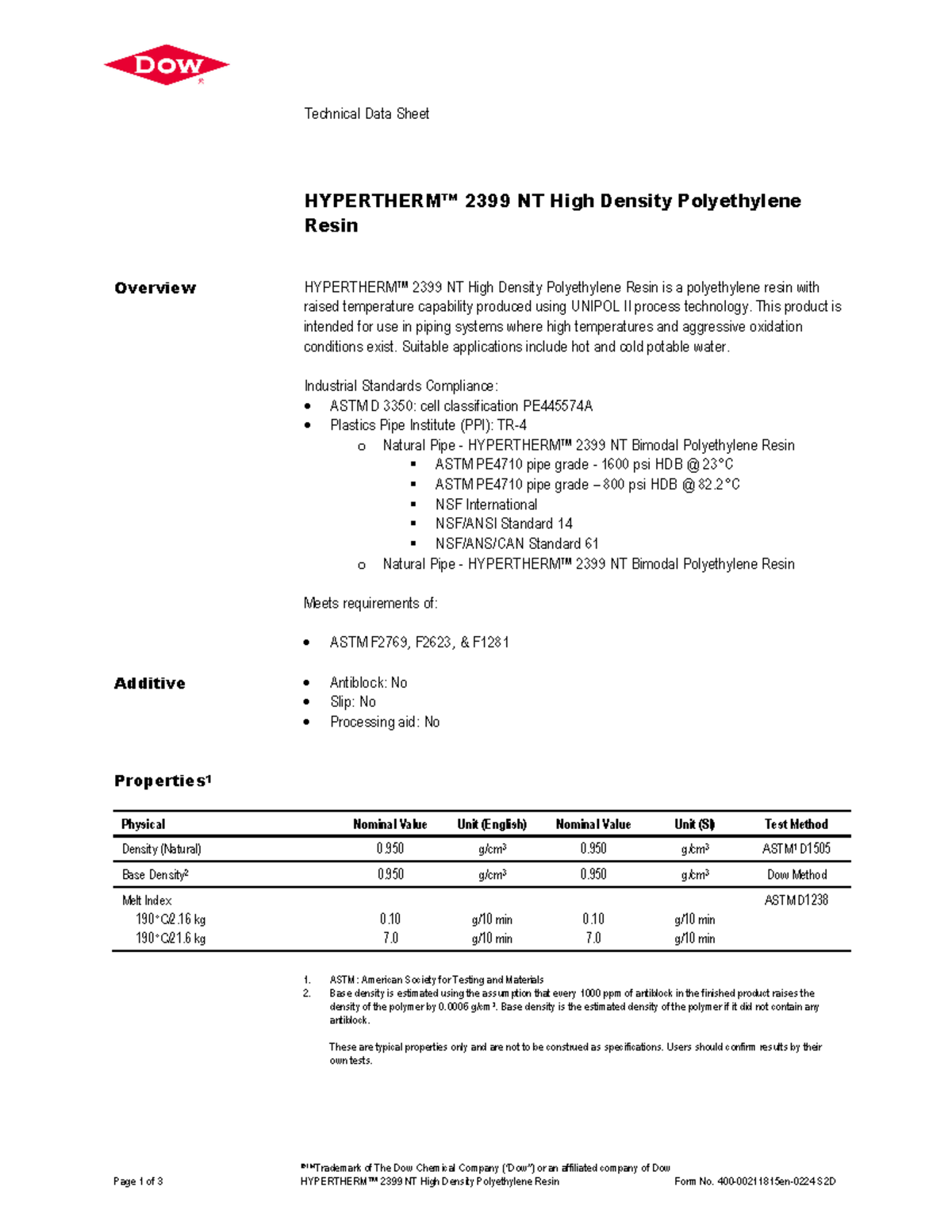 400 00211815 en hypertherm 2399 nt high density polyethylene resin ...