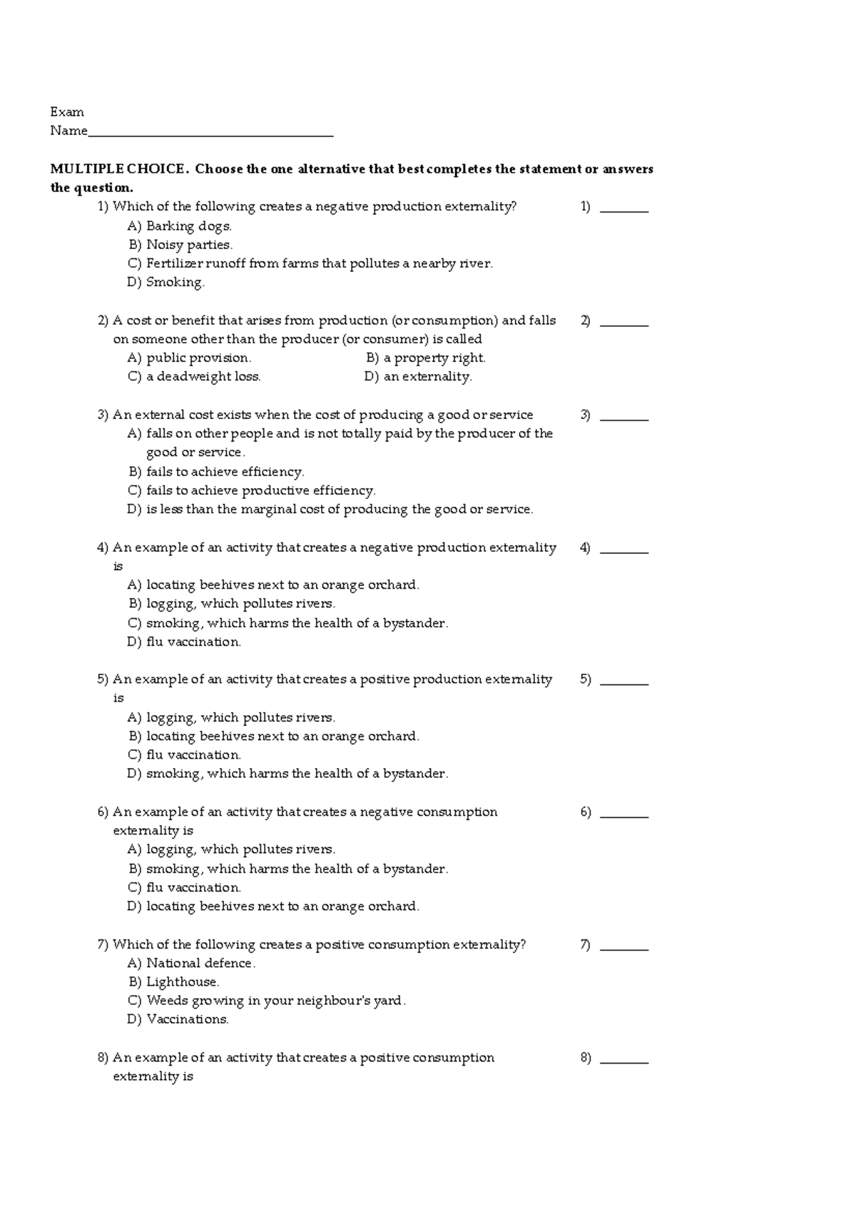 Multiple Choice Questions Chapter 15 Externalities - Exam Name