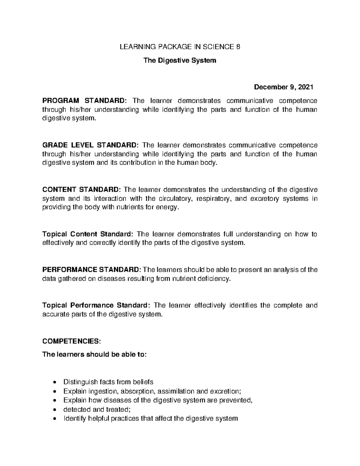 Lesson-plan - none - LEARNING PACKAGE IN SCIENCE 8 The Digestive System ...