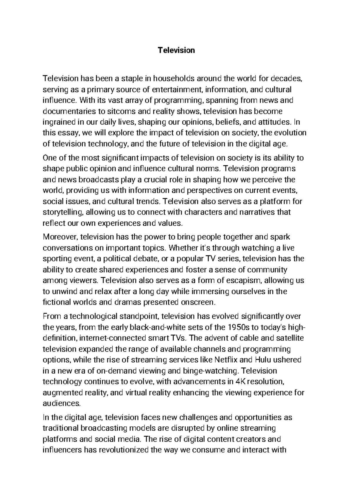 Television - Television Television has been a staple in households ...