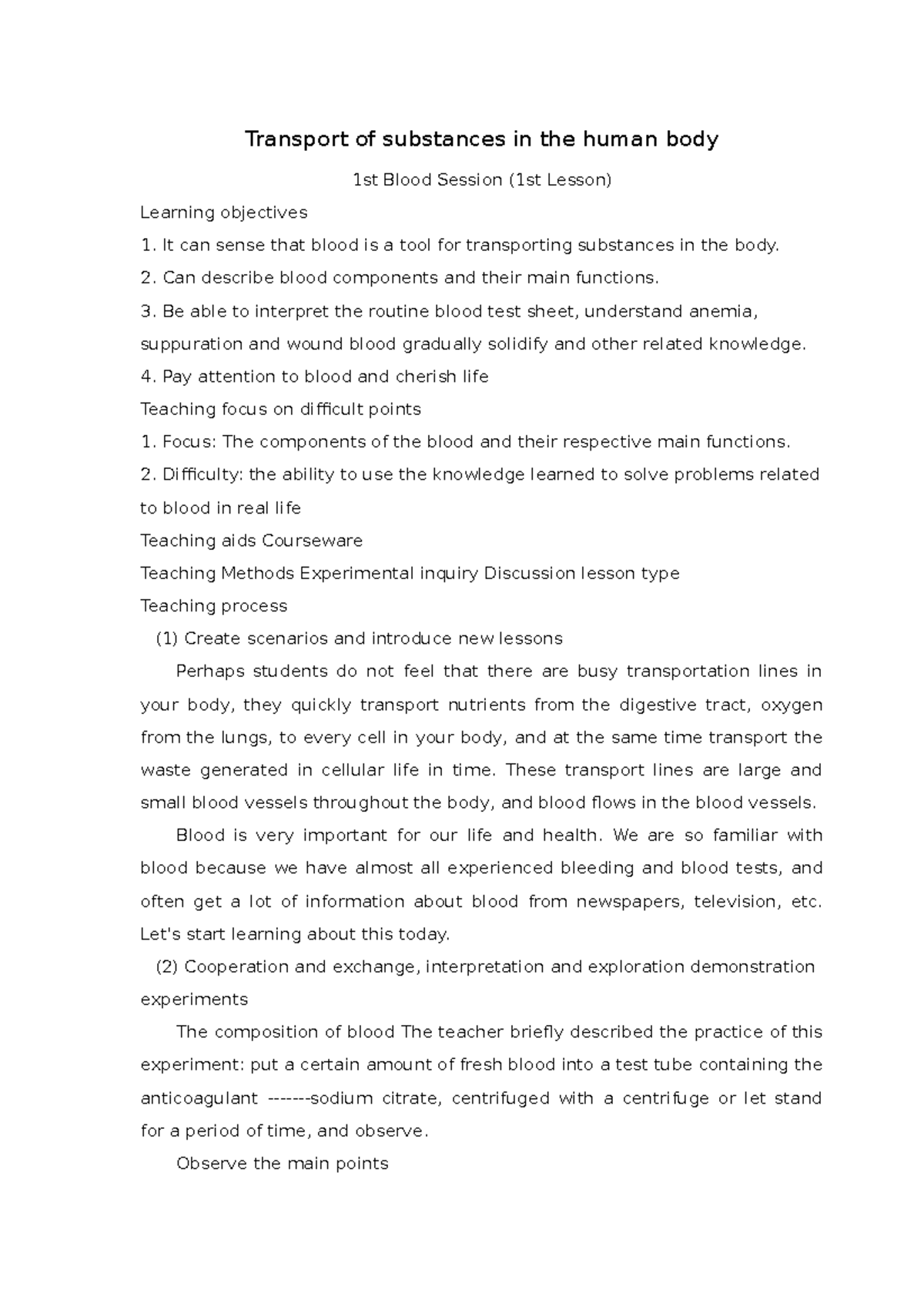 Transport of substances in the human body BIOL160 - Transport of ...