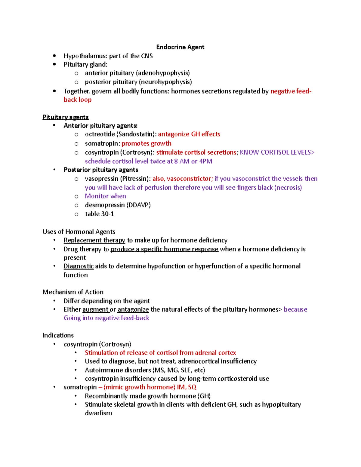 Endocrine Agents - Pharm Exam 3 NUR3191 - Endocrine Agent Hypothalamus ...