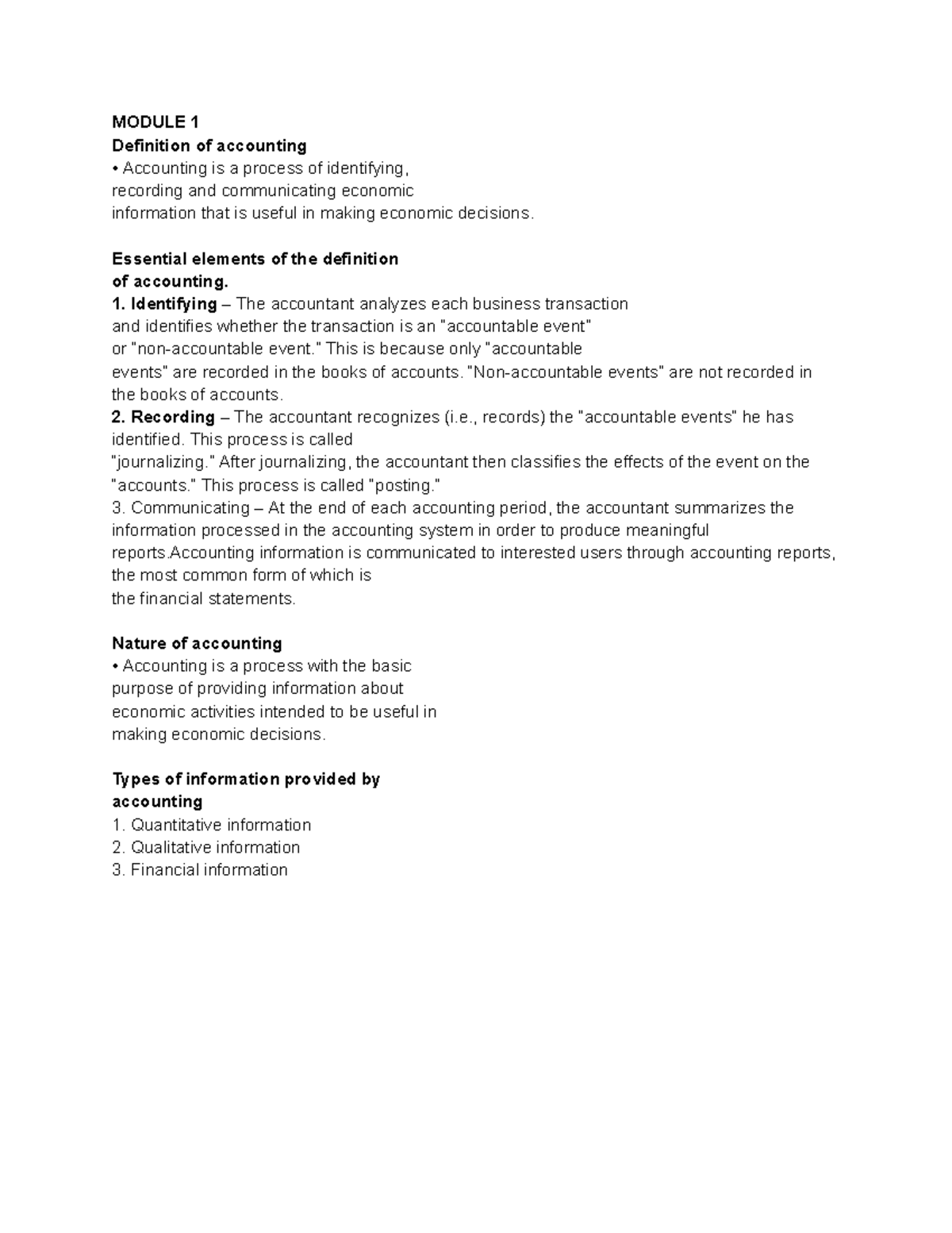 module 1 and module 2 - MODULE 1 Definition of accounting Accounting is ...