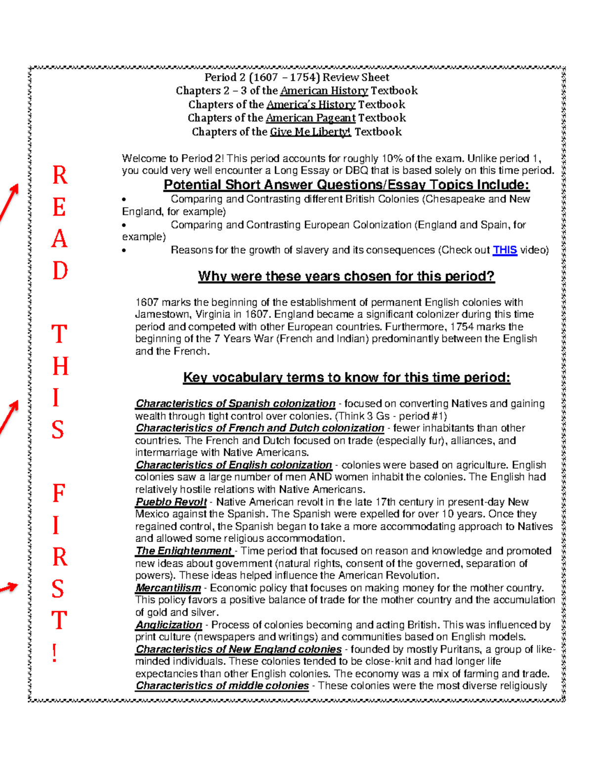 Apush Extra Credit Period Two 1607–1754 Review Sheet - Period 2 (1607 ...