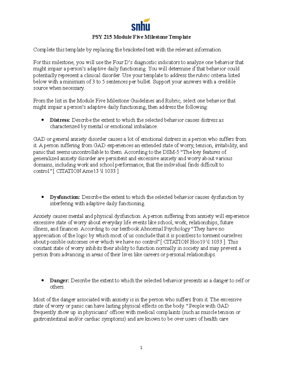 PSY 215 Module Five Milestone Template - PSY 215 Module Five Milestone ...