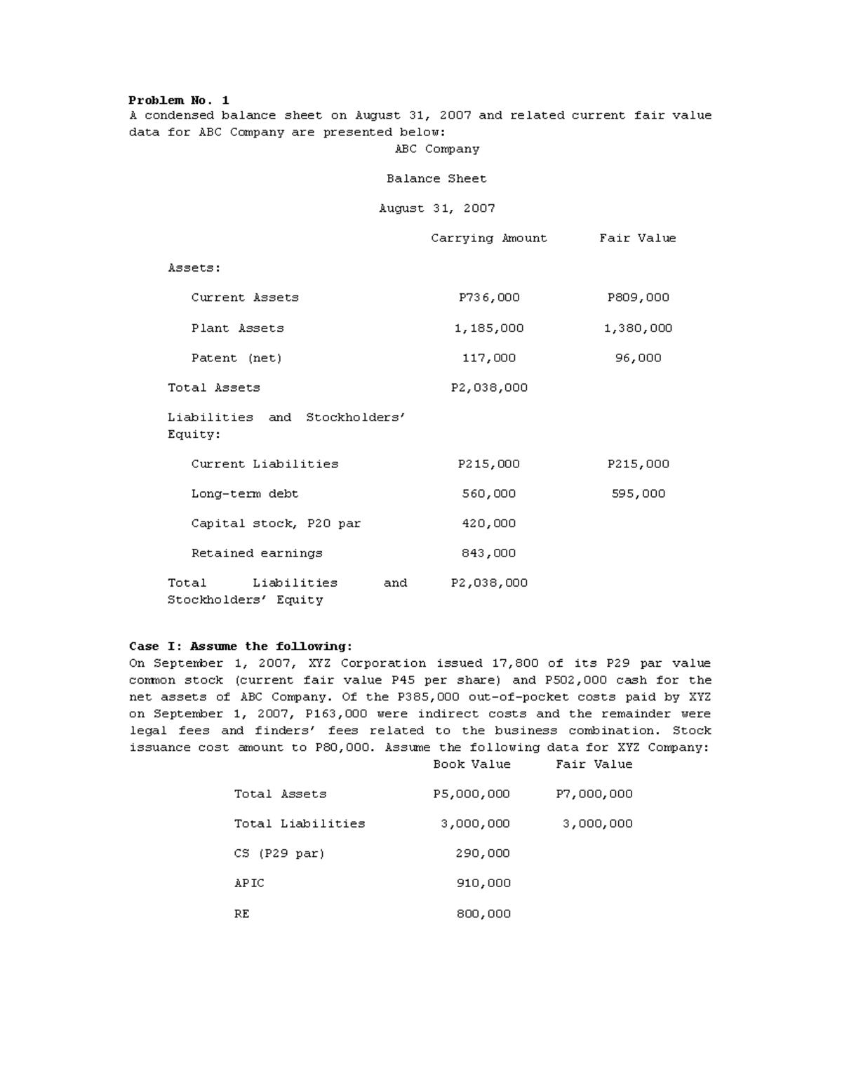 Conso on the date of acquisition exercise - Problem No. 1 A condensed ...