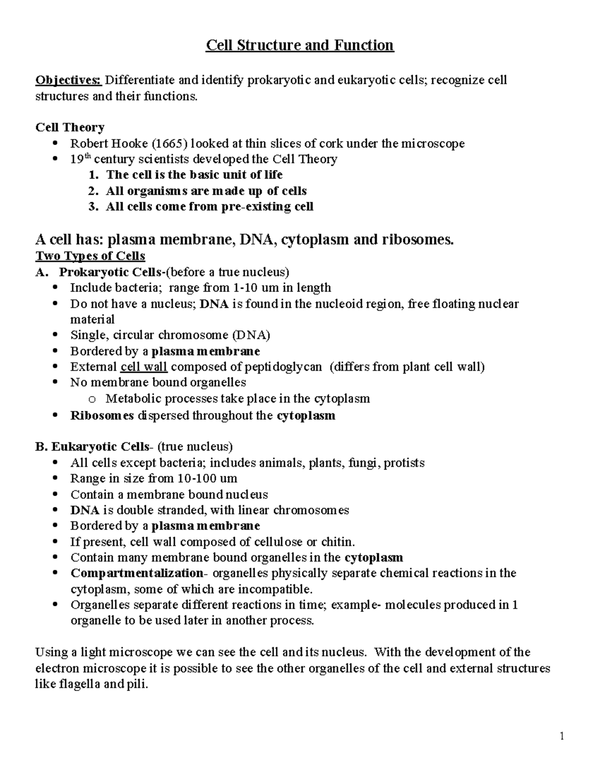 Cell Structure and Function notes - Cell Structure and Function ...