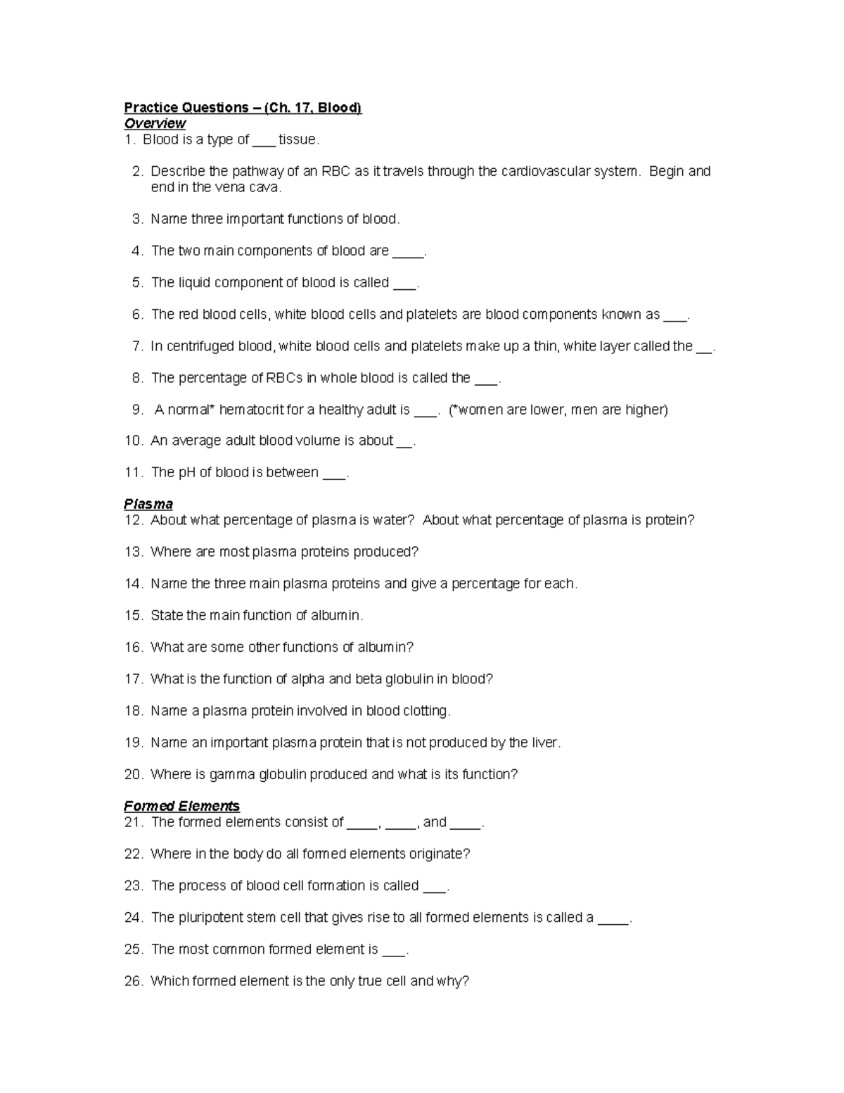 Ap2(ch17)Blood PQs S22 - Practice Questions – (Ch. 17, Blood) Overview Blood is a type of ...